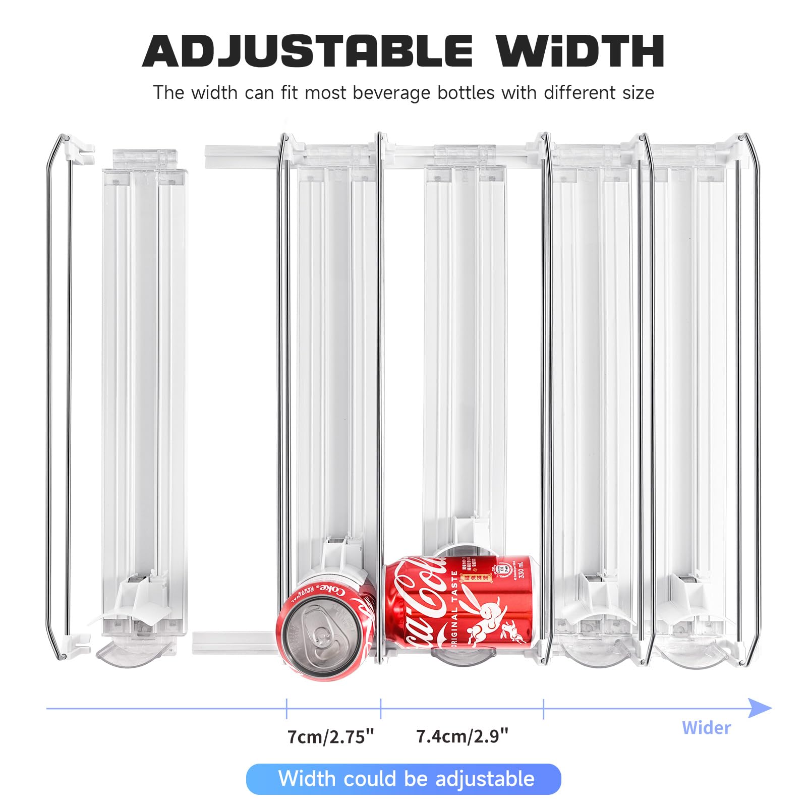 Upgrade Drink Organizer for Fridge, LAKIX Self-Sliding soda Can Dispenser for Refrigerator and Adjustable Width, 12oz to 20oz holds 50+ Cans (White + Black)