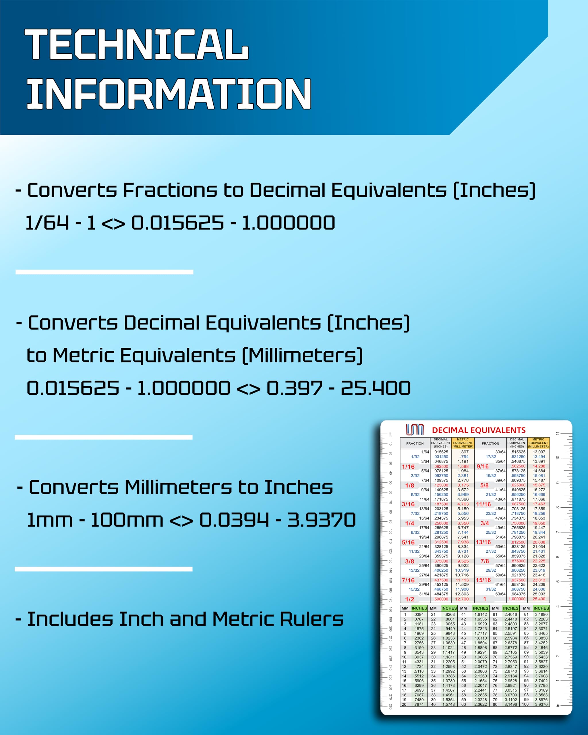Useful Magnets 6 x 9 Decimal Equivalent Chart Flexible Magnet, Fractions - Decimals - Millimeters Conversion Chart with Inch and Metric Rulers