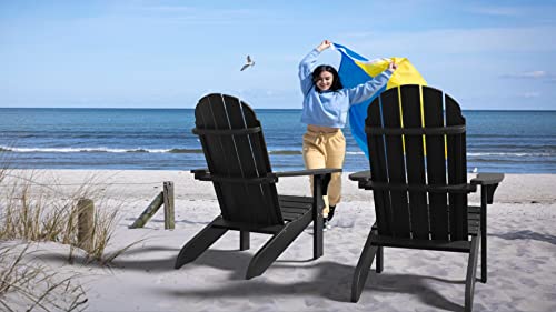 PolyTEAK Traditional Adirondack Chair, Real Wood Look, All Weather Plastic Outdoor Chairs for Firepit, Campfire, Patio, Pool, Easy Assembly with Comfortable Seat for Long Relaxation - Black