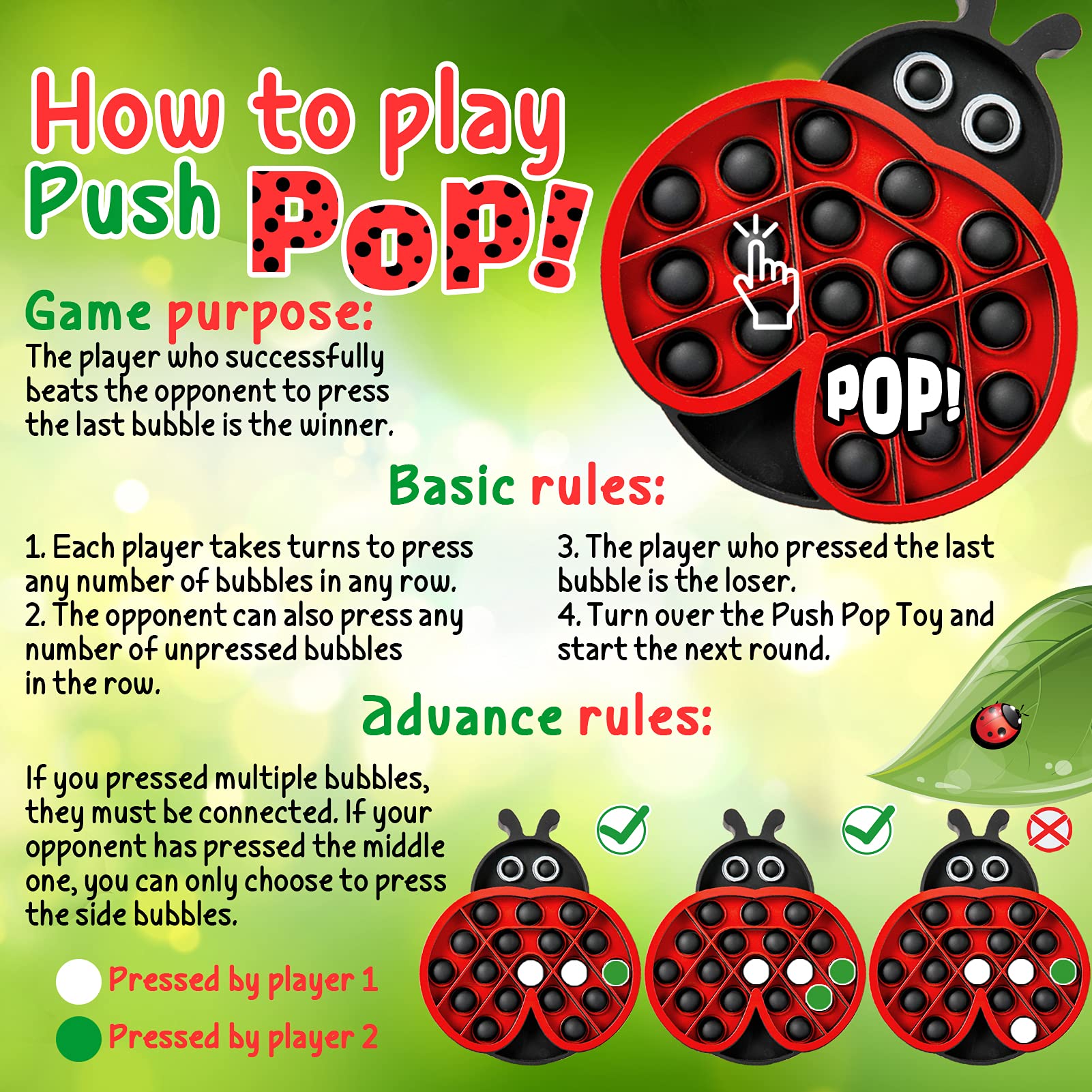 Ladybug Fidget Toy, Push Anti-Anxiety Toys for Kids Adults, Ideal for Kids Adults Teens, Finger Toy for Special Needs