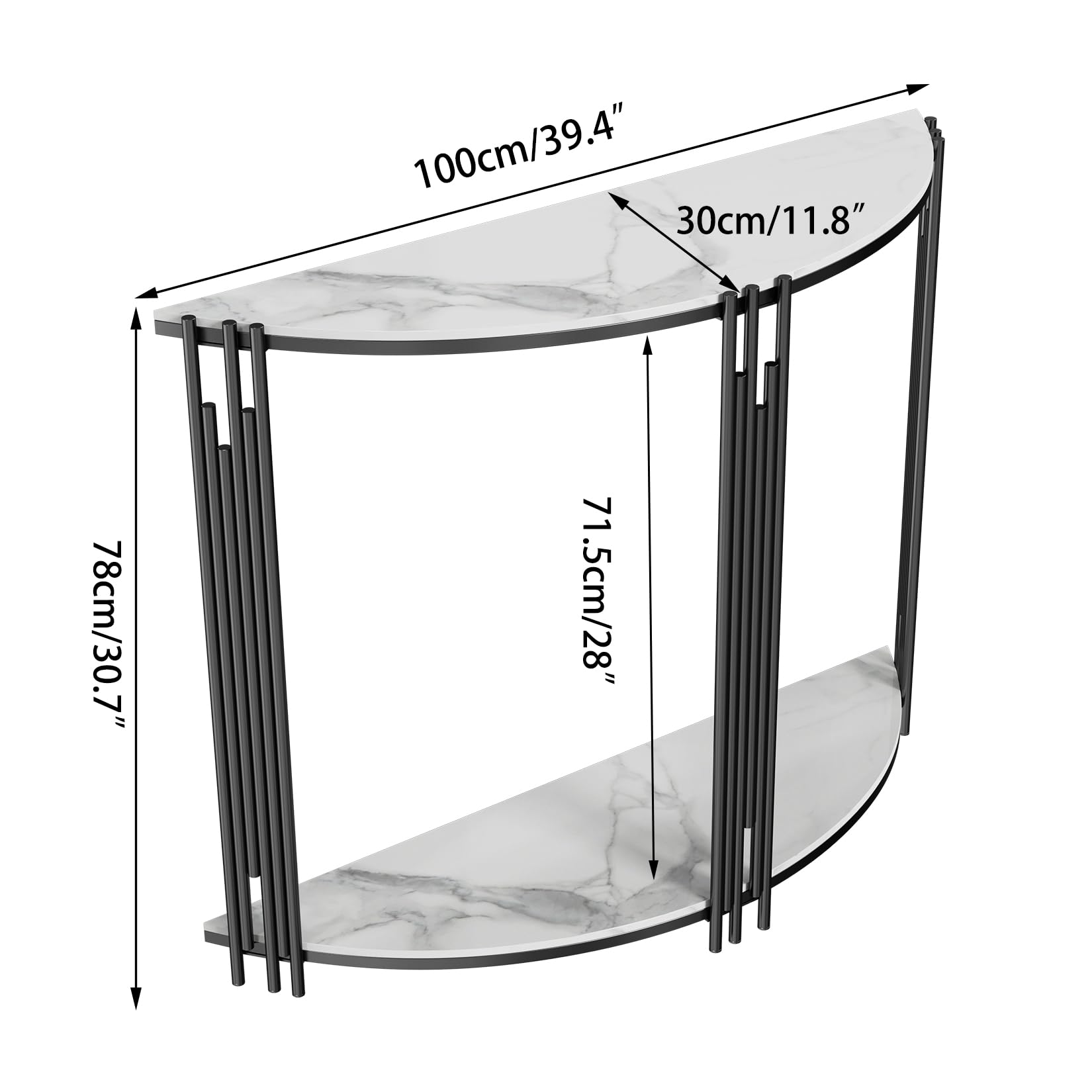 Wisfor Sintered Stone Console Table: Half Round White Entryway Table with Black Frame - Modern Narrow Sofa End Table - Semicircular Accent Table for Hallway, 39.4x11.8x30.7 inch