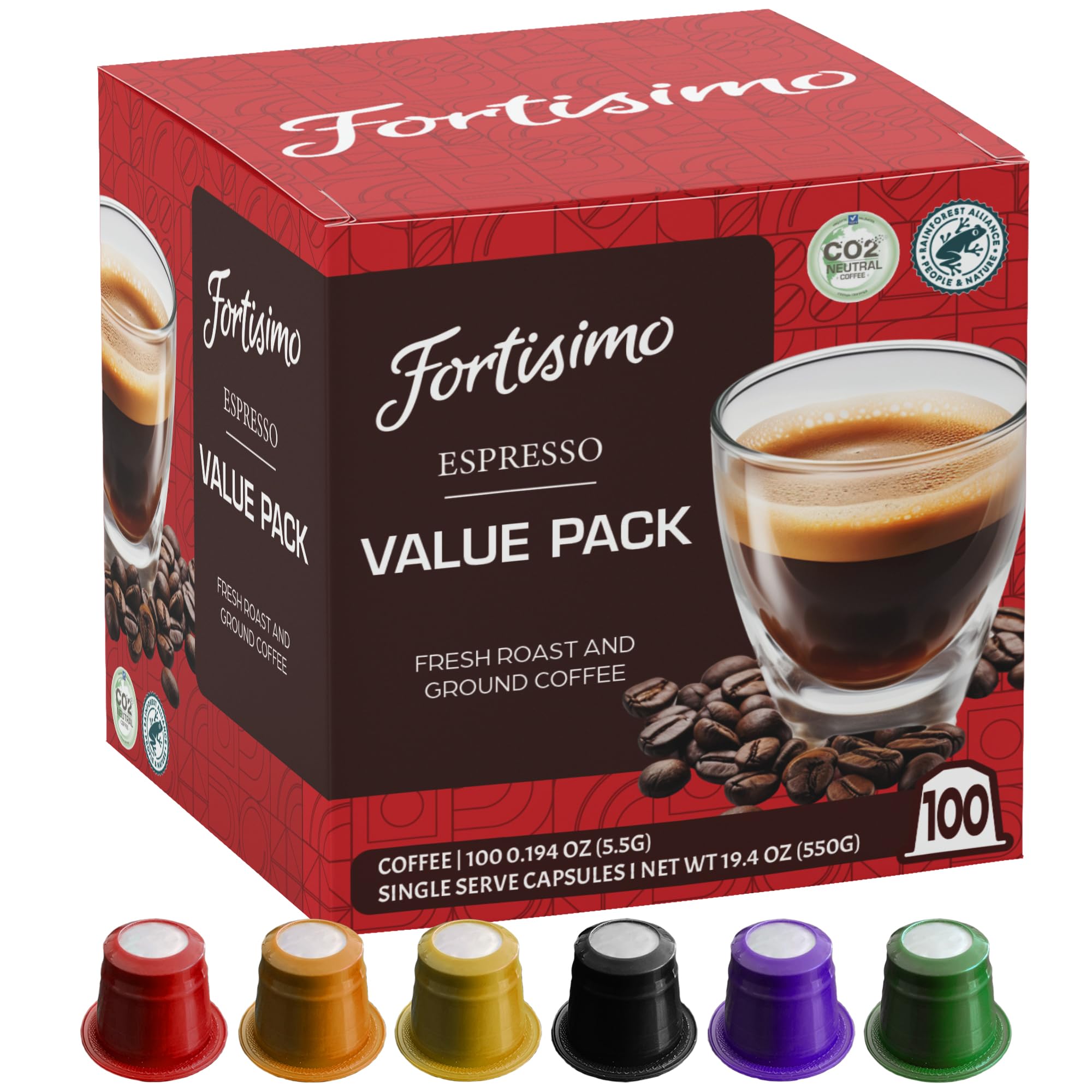 FORTISIMO Espresso Pods Variety Pack - 100 Count Espresso Capsules - Compatible with Nespresso Original Line Machines - Authentic and Refined Taste Freshly Packaged in Italy