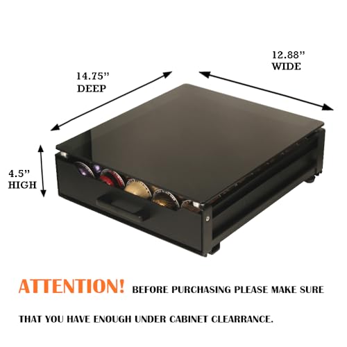 Vertuo Pod Holder Drawer with Deluxe Black Tempered Glass Top, Compatible for Nespresso VertuoLine Pods, Holds up to 75 Small or 50 Big Vertuo Pods Compact Design (Matte Black)