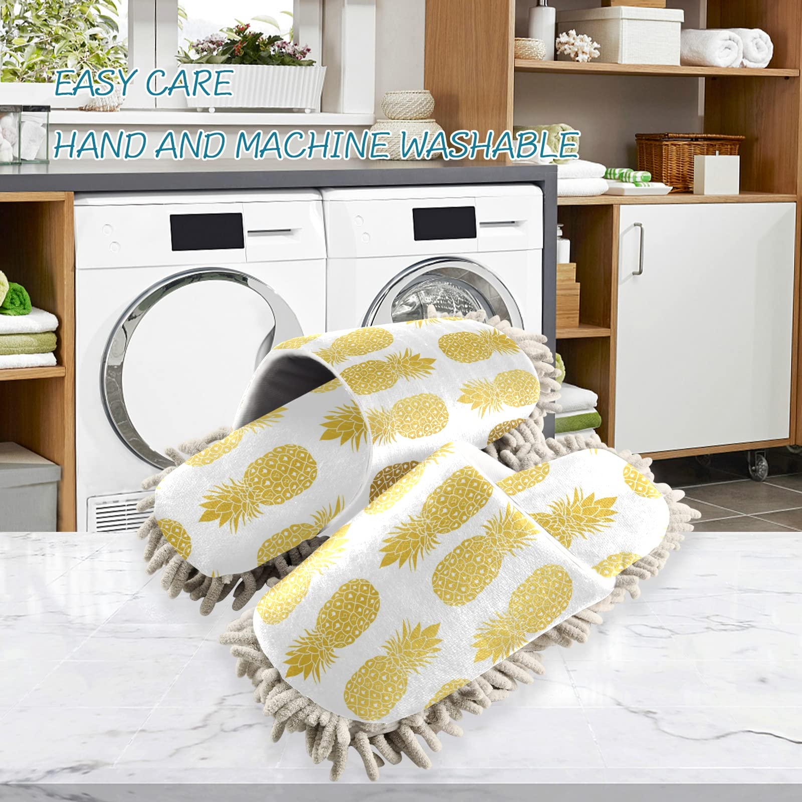 Kigai Microfiber Cleaning Slippers Gold White Pineapples Washable Mop Shoes Slipper for Men/Women House Floor Dust Cleaner, Size L