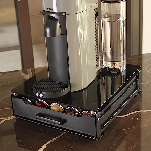 Vertuo Pod Holder Drawer with Deluxe Black Tempered Glass Top, Compatible for Nespresso VertuoLine Pods, Holds up to 75 Small or 50 Big Vertuo Pods Compact Design (Matte Black)