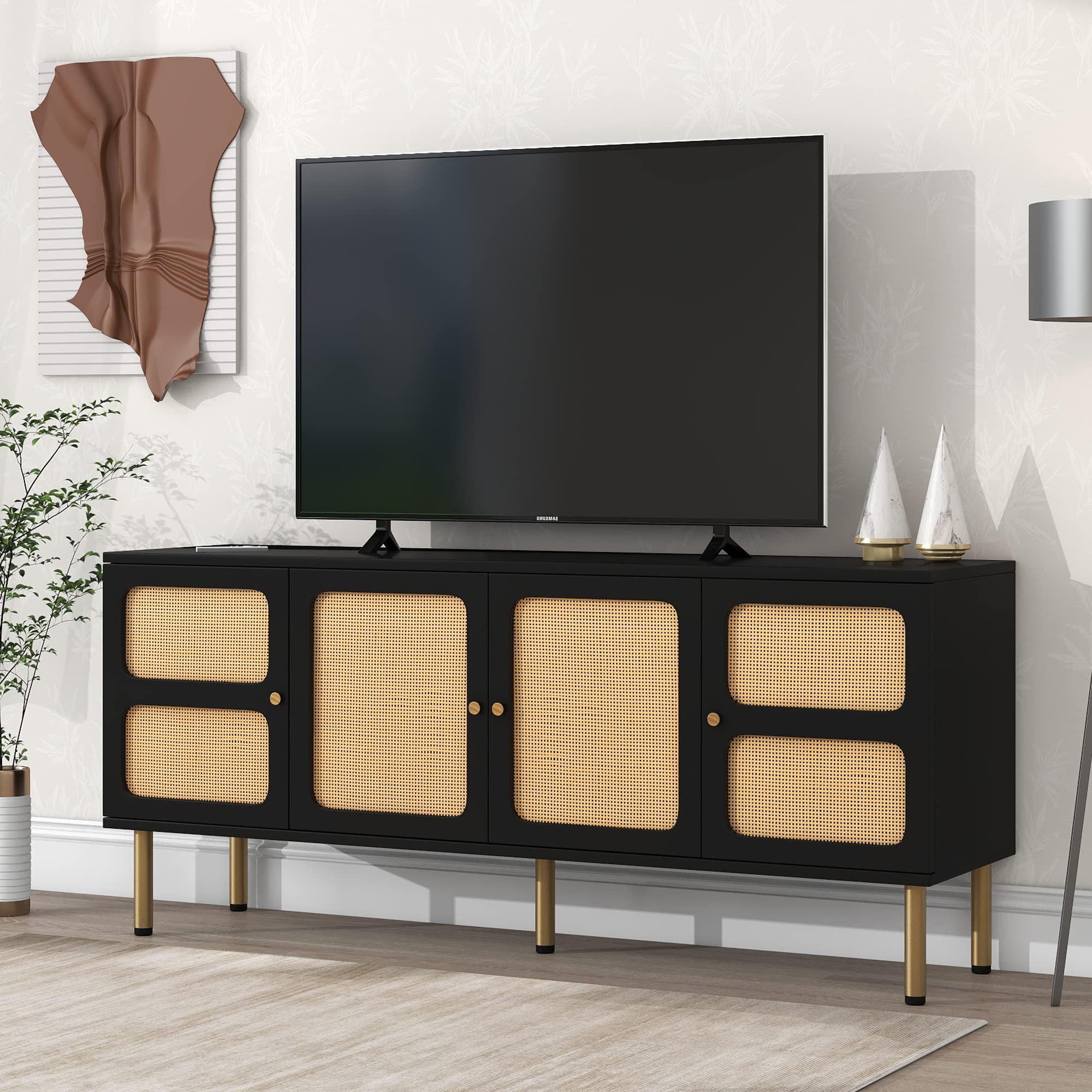 Bellemave Boho style TV Stand with Rattan Door, Woven Media Console Table for TVs Up to 70”, Country Style Design Side Board with Gold Metal Base for Living Room(Black)