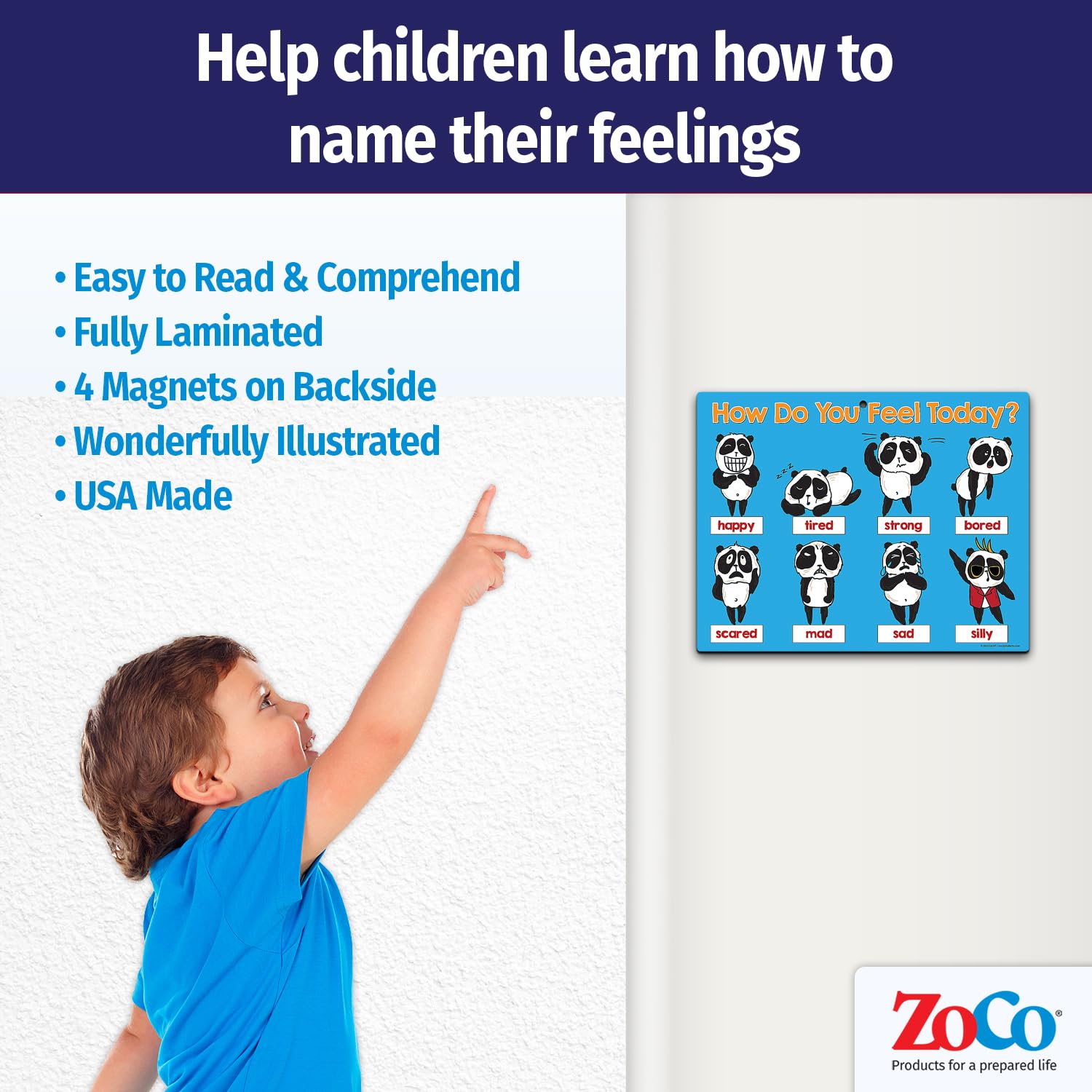 ZOCO - Feelings, Emotions Magnet Chart for Kids - How Am I Feeling Today Mood Chart for Toddlers - Preschool and Elementary Classroom Supplies - Laminated with Magnets, 8.5 x 11 inches