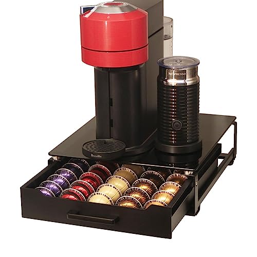 Vertuo Pod Holder Drawer with Deluxe Black Tempered Glass Top, Compatible for Nespresso VertuoLine Pods, Holds up to 75 Small or 50 Big Vertuo Pods Compact Design (Matte Black)