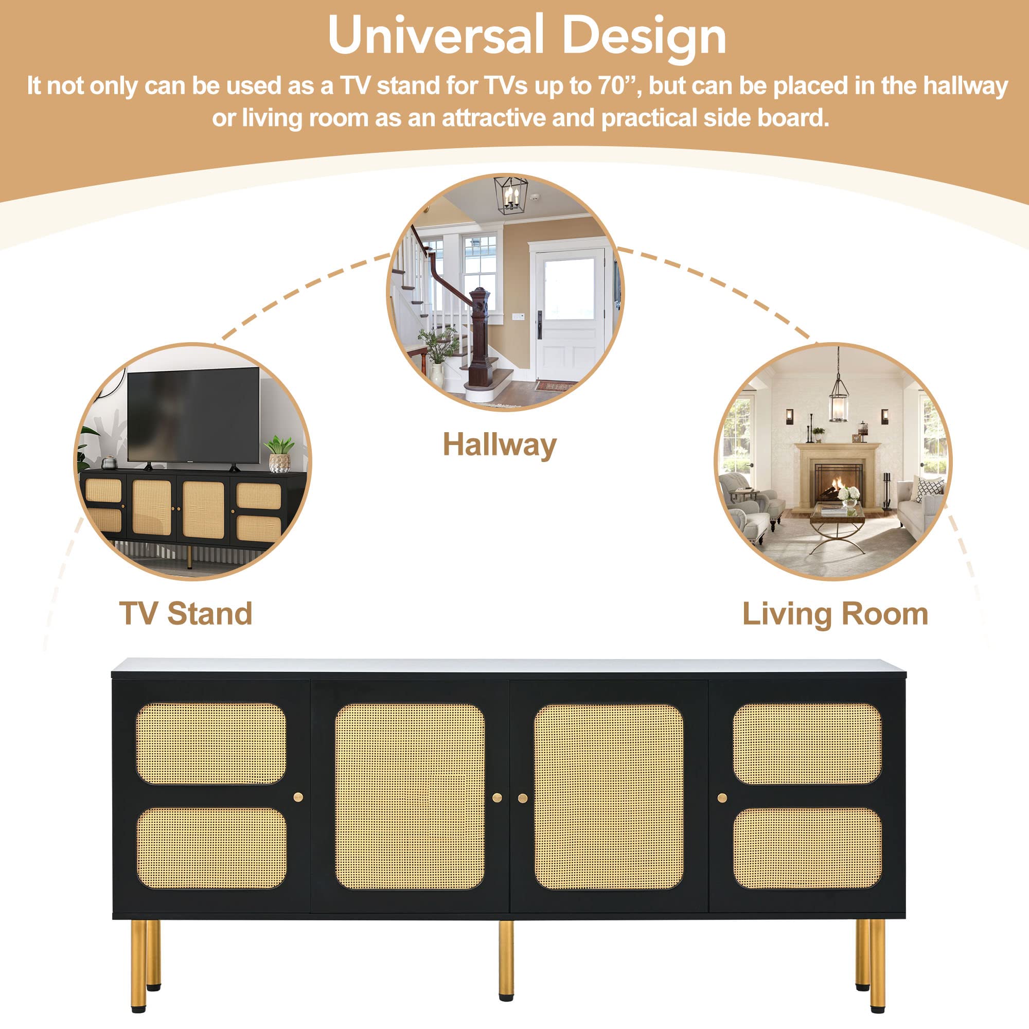 Bellemave Boho style TV Stand with Rattan Door, Woven Media Console Table for TVs Up to 70”, Country Style Design Side Board with Gold Metal Base for Living Room(Black)