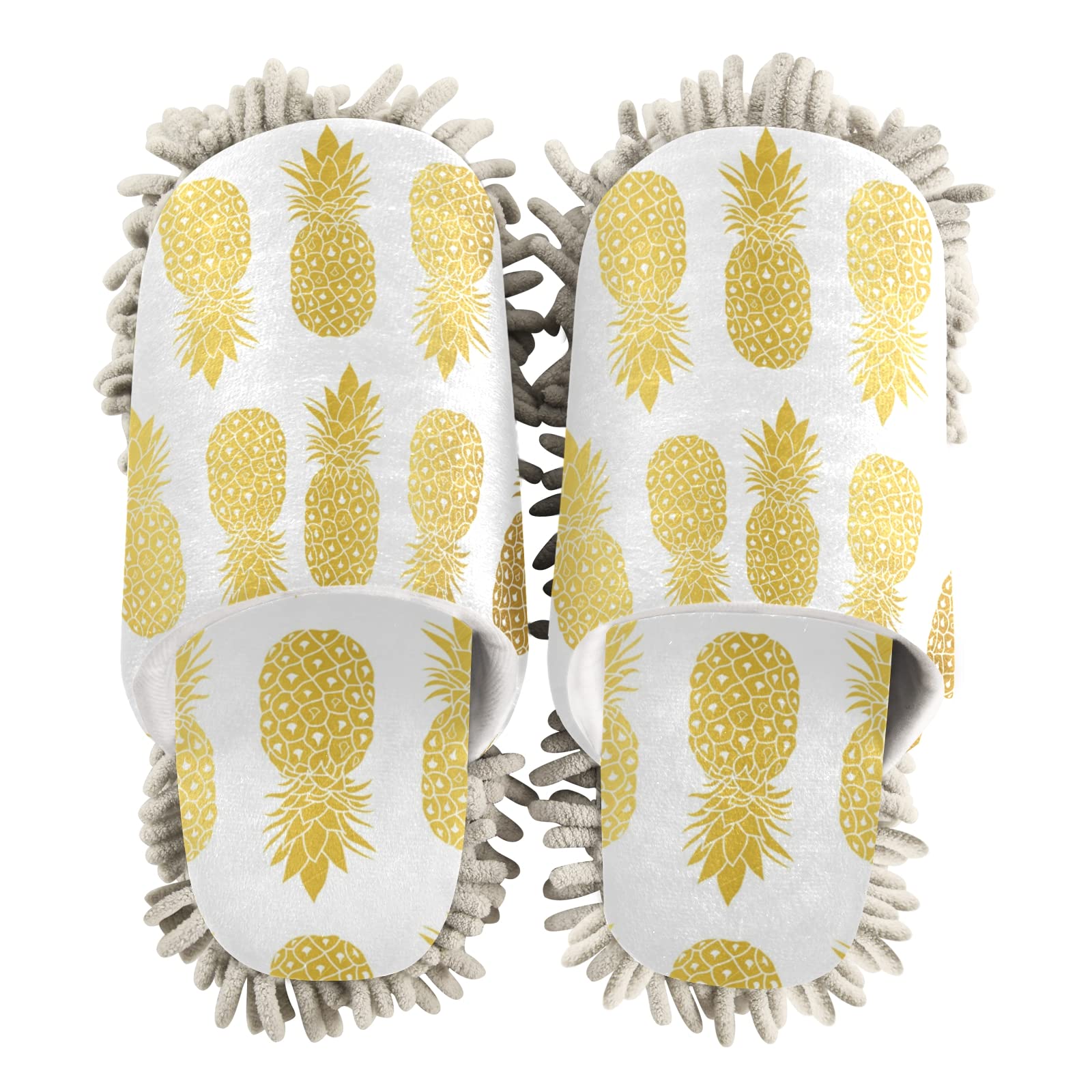 Kigai Microfiber Cleaning Slippers Gold White Pineapples Washable Mop Shoes Slipper for Men/Women House Floor Dust Cleaner, Size L