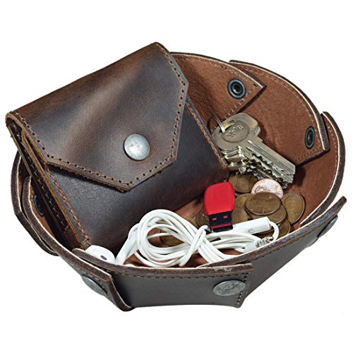 Hide & Drink, Thick Leather Catchall Circular Valet Tray, Dice Holder, Cash Holder, Key Organizer, Home and Office Accessories, Handmade Includes 101 Year Warranty :: Bourbon Brown