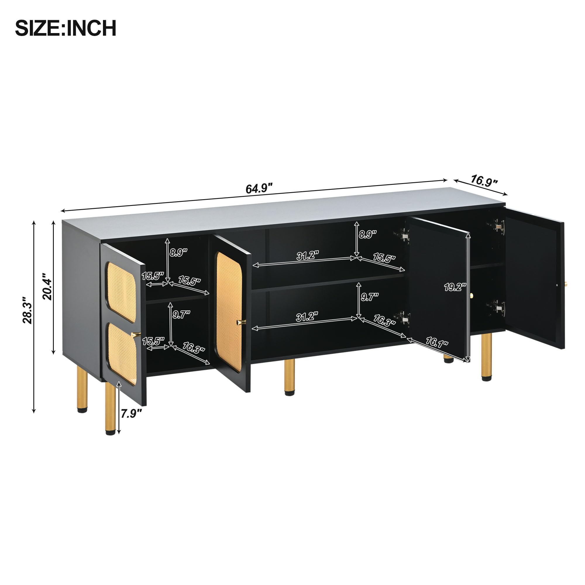 Bellemave Boho style TV Stand with Rattan Door, Woven Media Console Table for TVs Up to 70”, Country Style Design Side Board with Gold Metal Base for Living Room(Black)