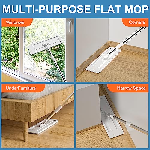 JEOPEM Flat Mop and Bucket with Wringer Set System, Mops for Hardwood Floor Cleaning with 4pcs Washable Microfiber Pads, Wet and Dry Use, Wood Floor Cleaner, Large Mop Head Length 38CM
