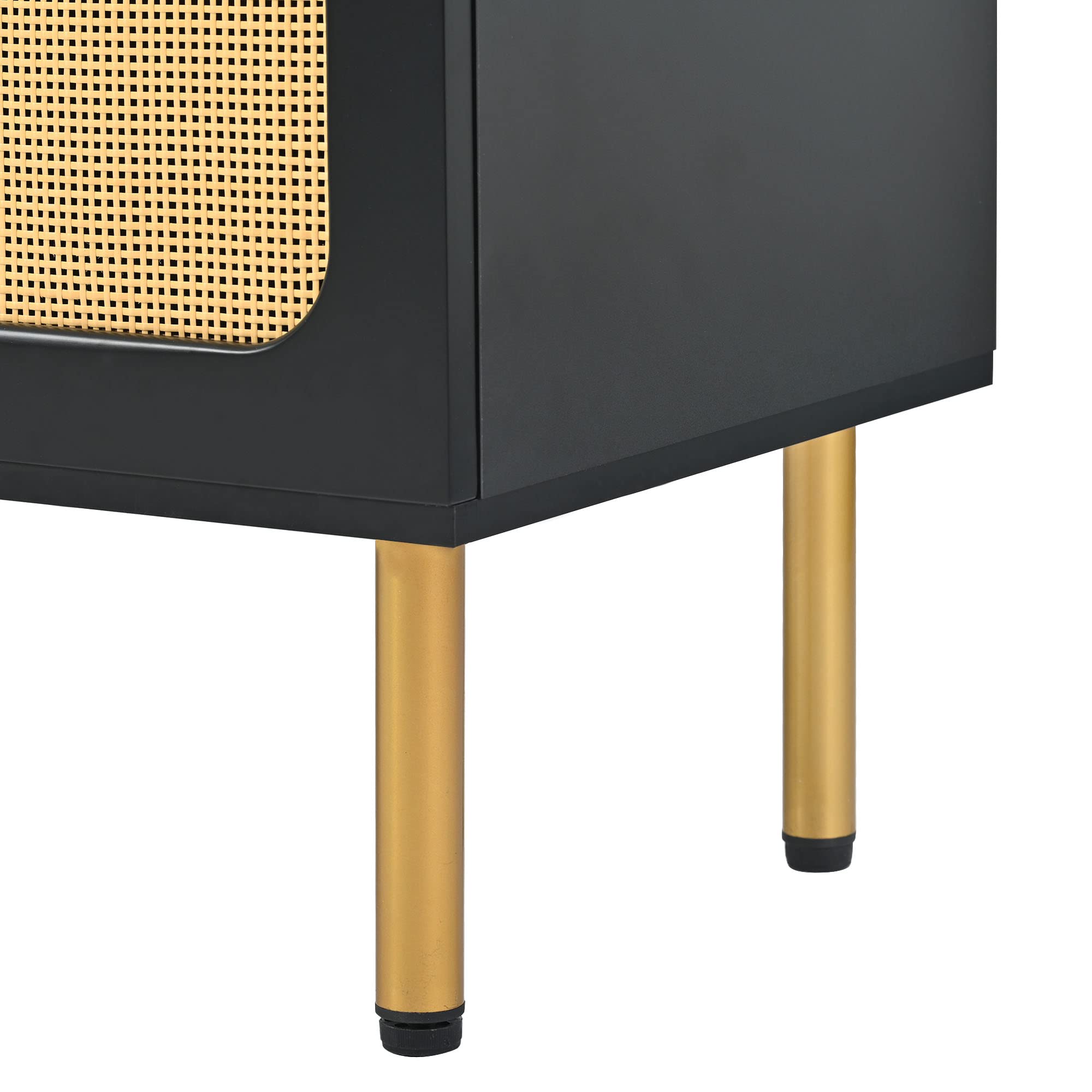 Bellemave Boho style TV Stand with Rattan Door, Woven Media Console Table for TVs Up to 70”, Country Style Design Side Board with Gold Metal Base for Living Room(Black)