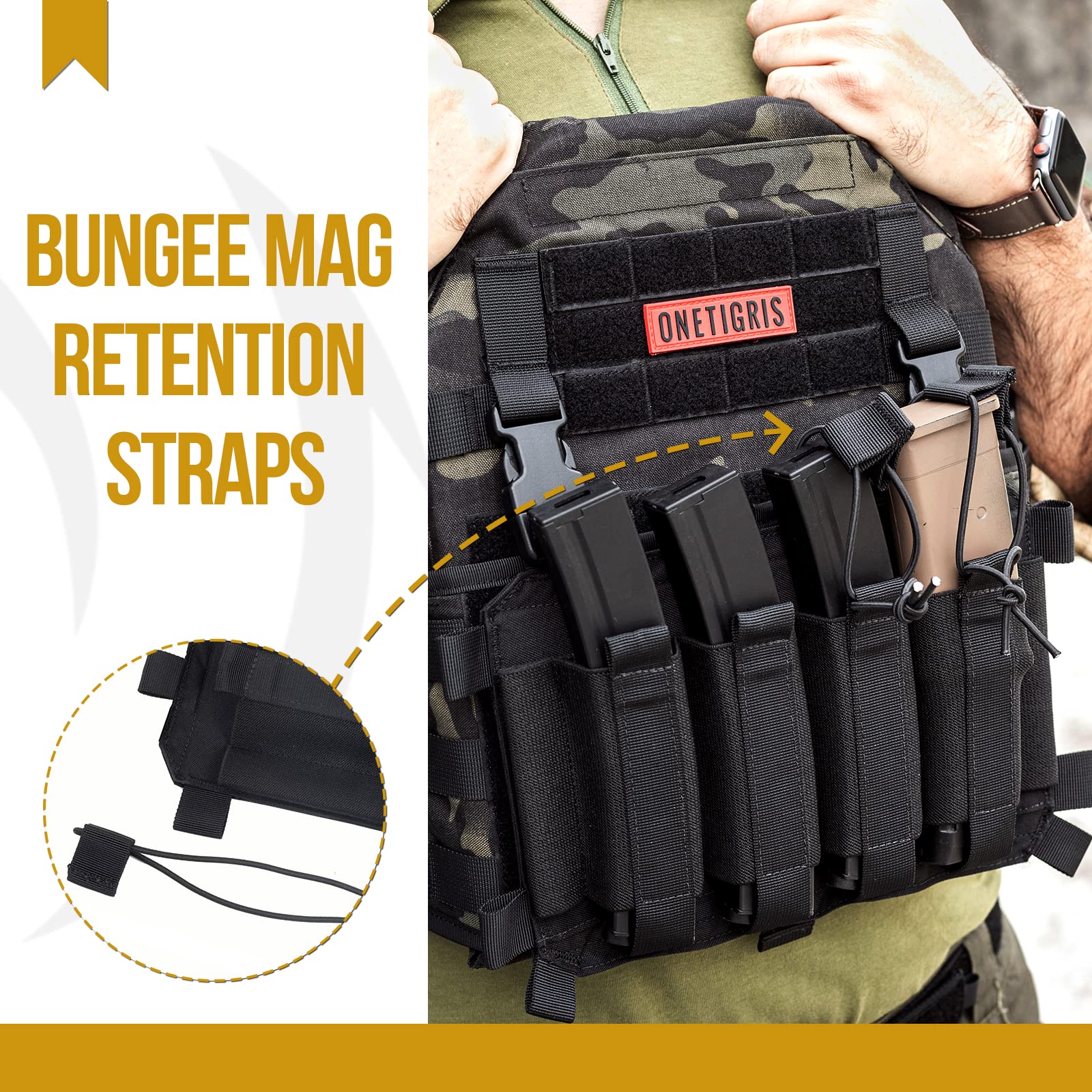 OneTigris SMG Magazine Pouch with Hook Backing Tactical Placard for MP5 MP7 Magazines with Elastic Retention Straps Black