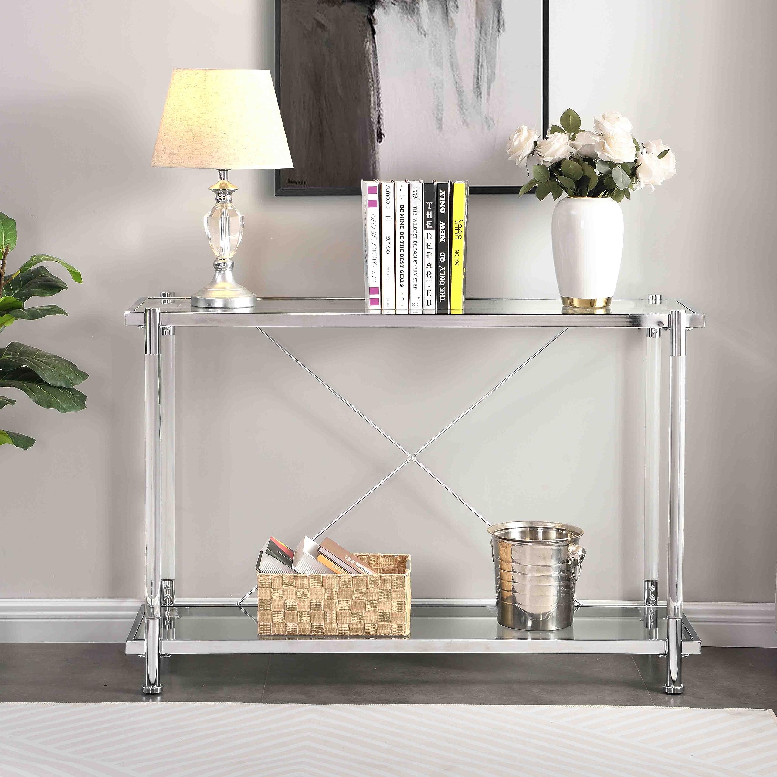 43.3 Inch Chrome Glass Console Table, 2 Tier Narrow Hallway Side Table with Acrylic & Metal Frame, Modern Minimalist End Table Sofa Table (Silver)