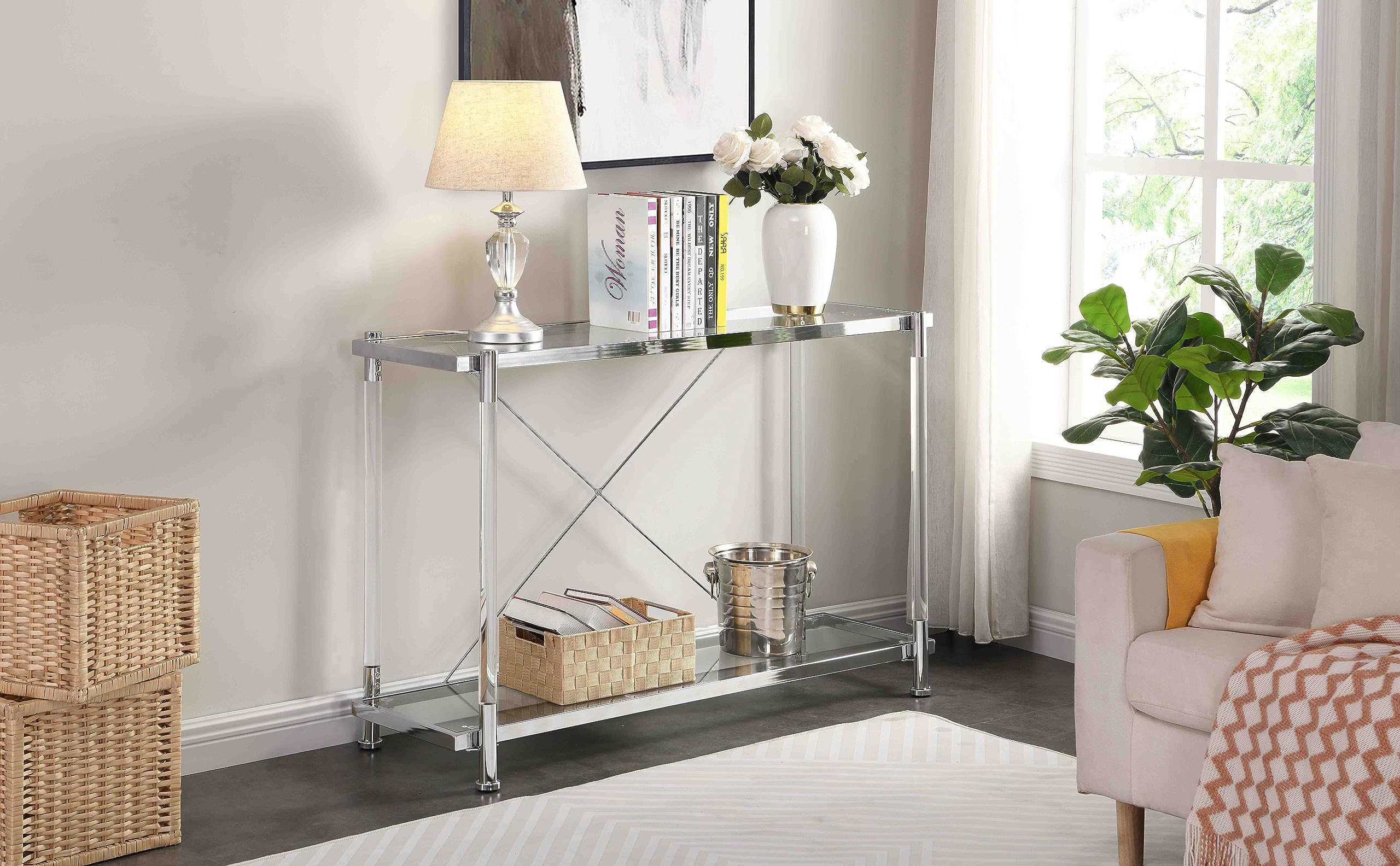 43.3 Inch Chrome Glass Console Table, 2 Tier Narrow Hallway Side Table with Acrylic & Metal Frame, Modern Minimalist End Table Sofa Table (Silver)