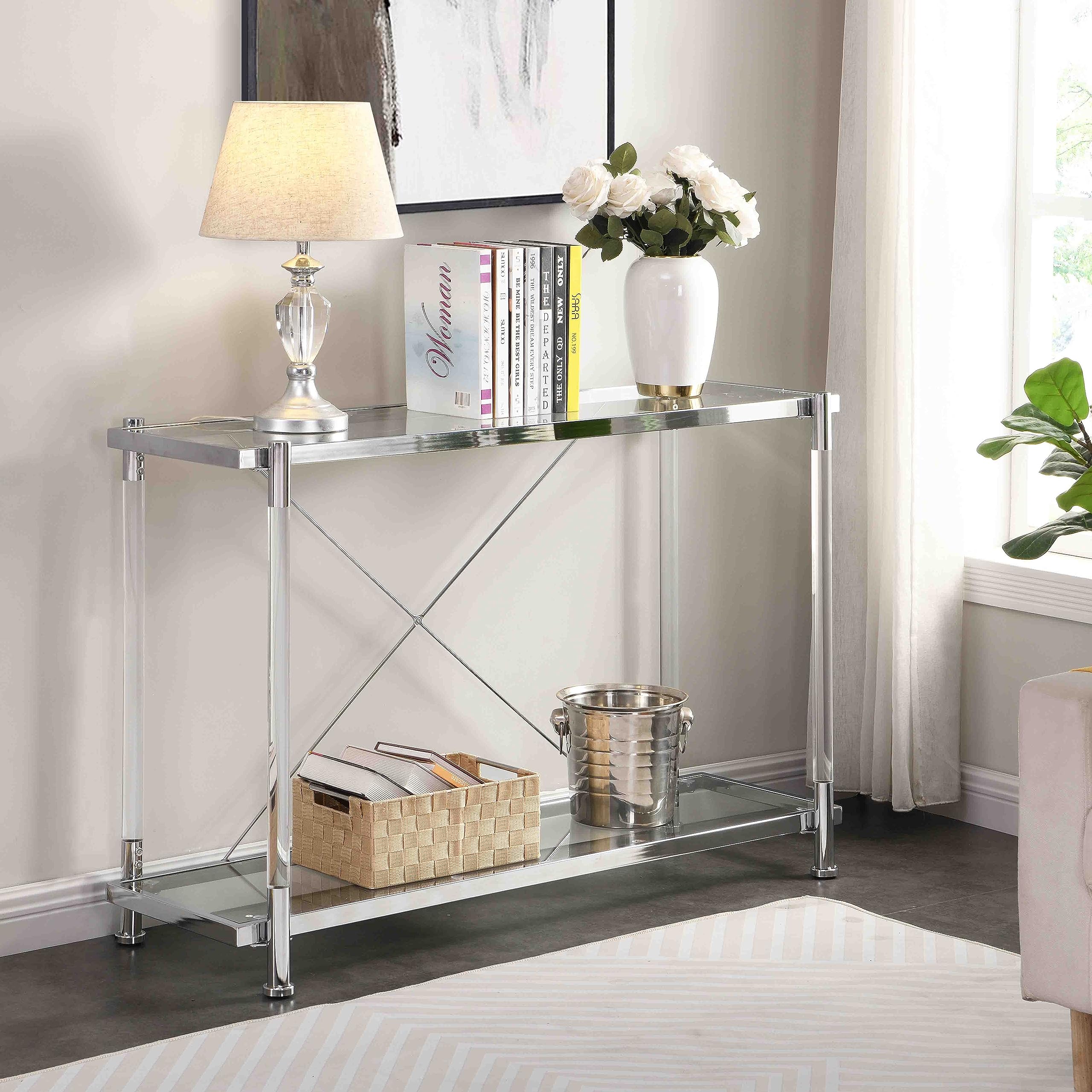 43.3 Inch Chrome Glass Console Table, 2 Tier Narrow Hallway Side Table with Acrylic & Metal Frame, Modern Minimalist End Table Sofa Table (Silver)