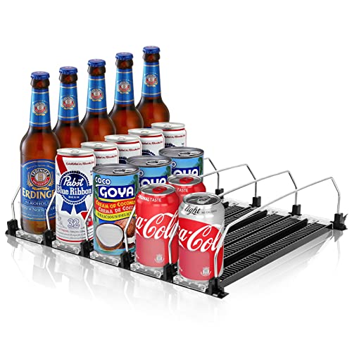 Drink Organizer for Fridge, Self-Pushing Soda Can Organizer for Refrigerator, Width Adjustable Pusher Glide, Beer Pop Can Water Bottle Storage for Pantry, Kitchen