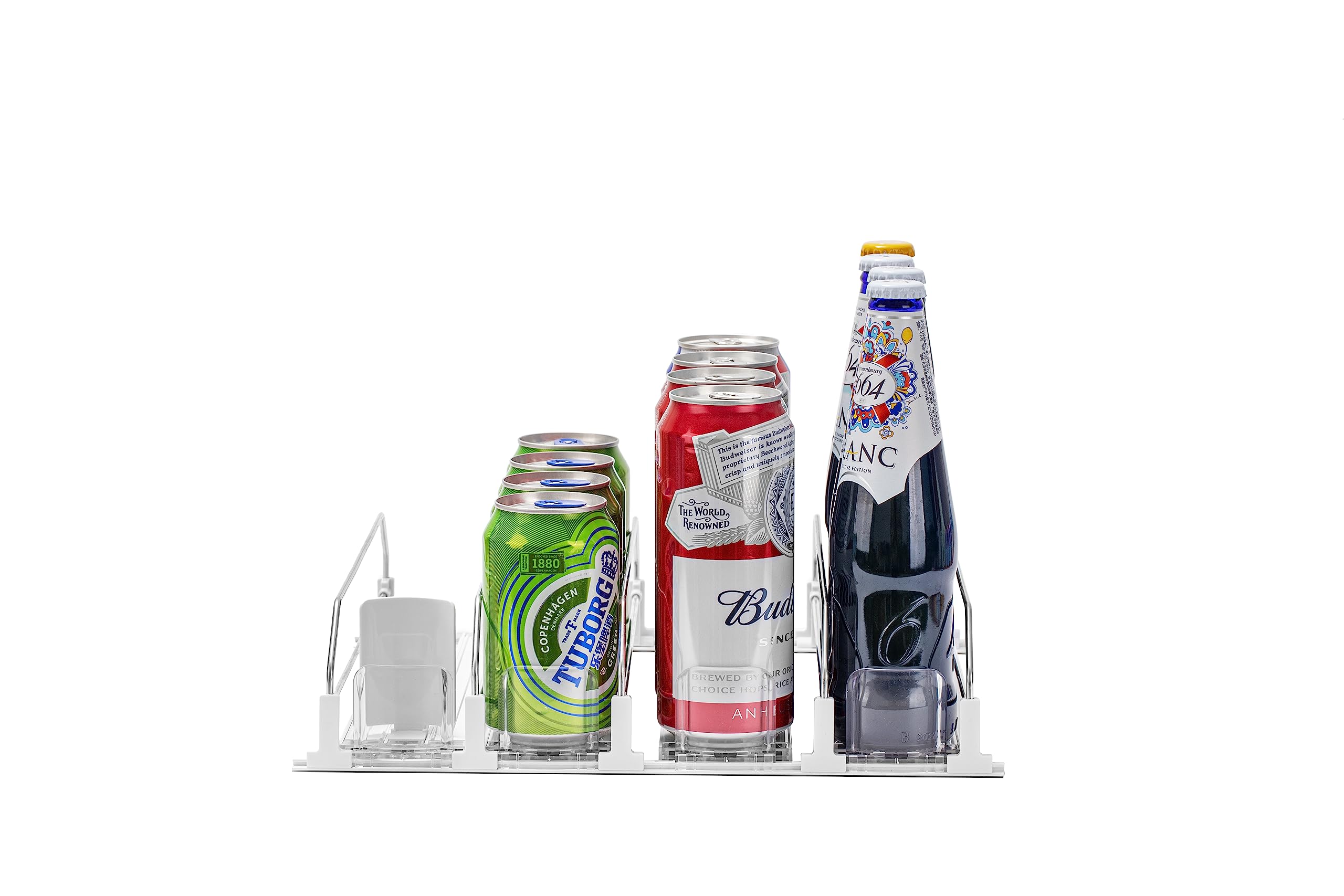 JILLMO Drink Organizer for Fridge, Self-Pushing Soda Can Organizer for Counter Refrigerator, Width Adjustable Pusher Glide, White, 12”depth-4rows