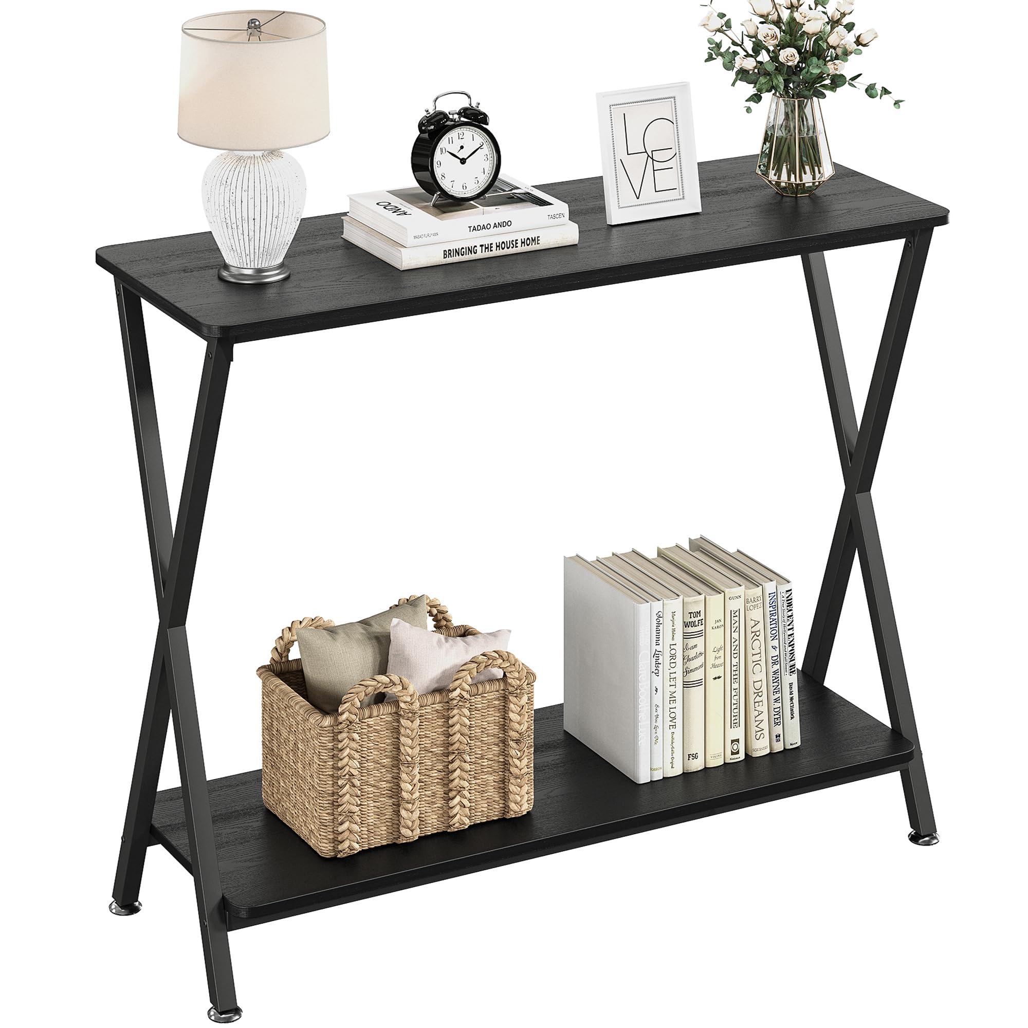 IDEALHOUSE Narrow Console Table, Sofa Tables Narrow Long Behind Couch Table, 2-Tier Industrial Entryway Table for Living Room, Hallway, Foyer (Black)