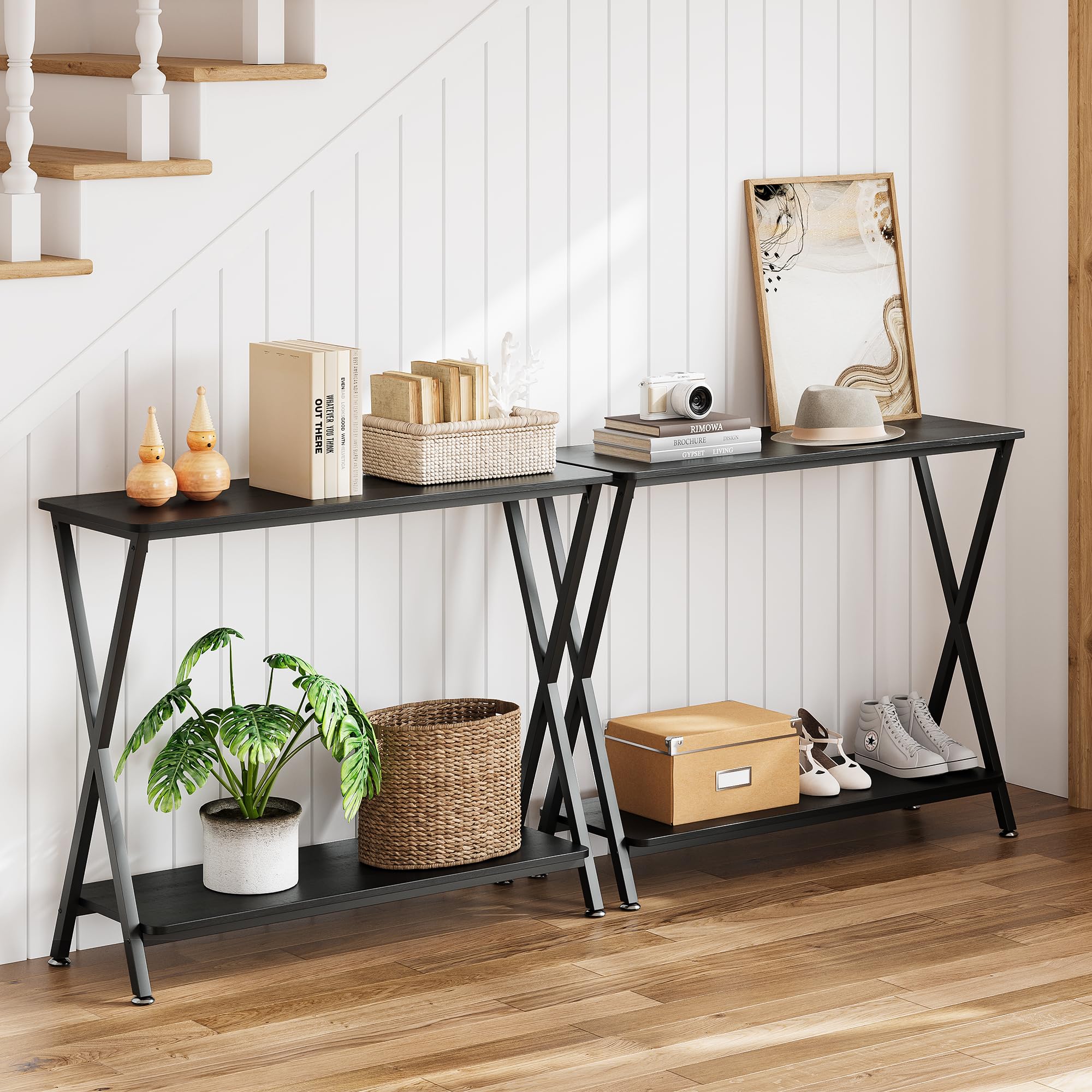 IDEALHOUSE Narrow Console Table, Sofa Tables Narrow Long Behind Couch Table, 2-Tier Industrial Entryway Table for Living Room, Hallway, Foyer (Black)