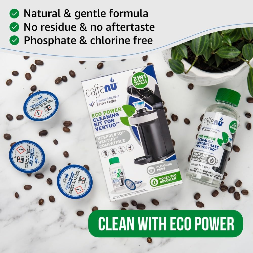 Nespresso Compatible Descaling Kit. 2 Uses Nespresso Vertuo Descaling Solution and 6 Cleaner Pods. Removes Limescale & Cleans Pod Area. Better Tasting & Hotter Coffee. 4 Months Supply.