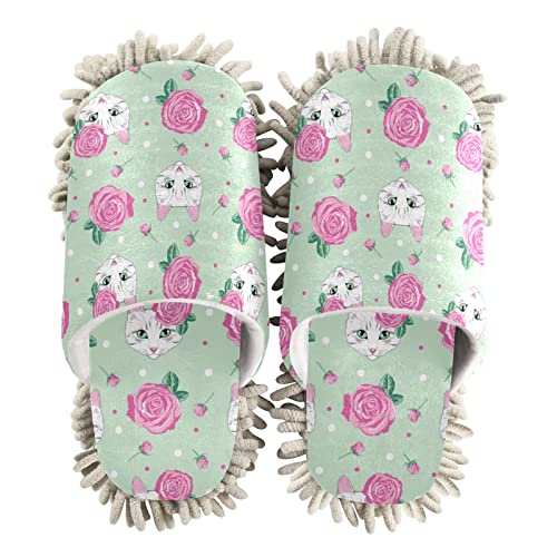Cat Flowers Roses Mop Slippers Shoes Cover for Floor Cleaning Washable Dirty Hair Dust Cleaners Microfiber Mop Socks for Kitchen House Office