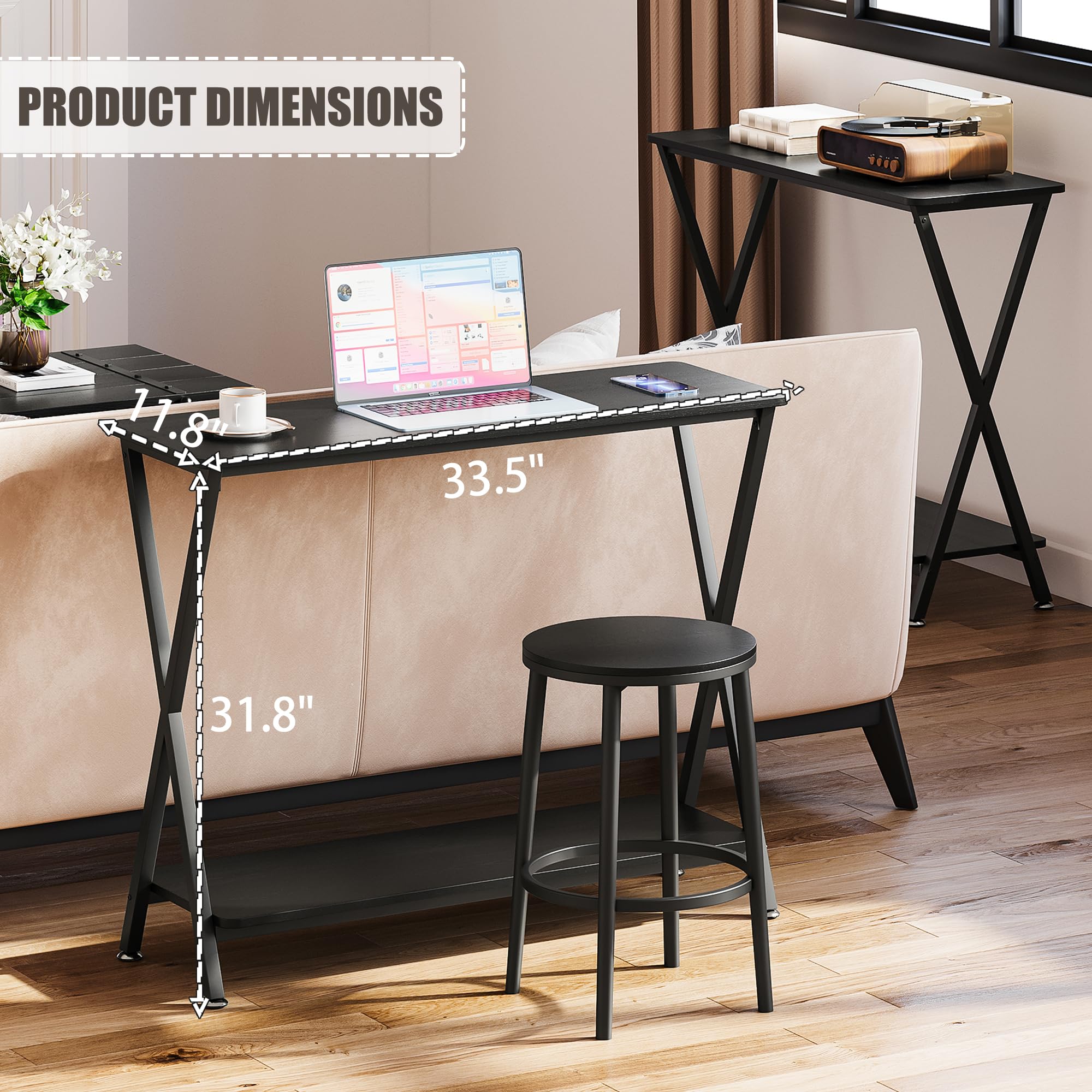 IDEALHOUSE Narrow Console Table, Sofa Tables Narrow Long Behind Couch Table, 2-Tier Industrial Entryway Table for Living Room, Hallway, Foyer (Black)