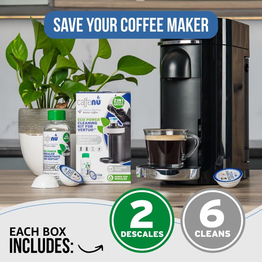 Nespresso Compatible Descaling Kit. 2 Uses Nespresso Vertuo Descaling Solution and 6 Cleaner Pods. Removes Limescale & Cleans Pod Area. Better Tasting & Hotter Coffee. 4 Months Supply.
