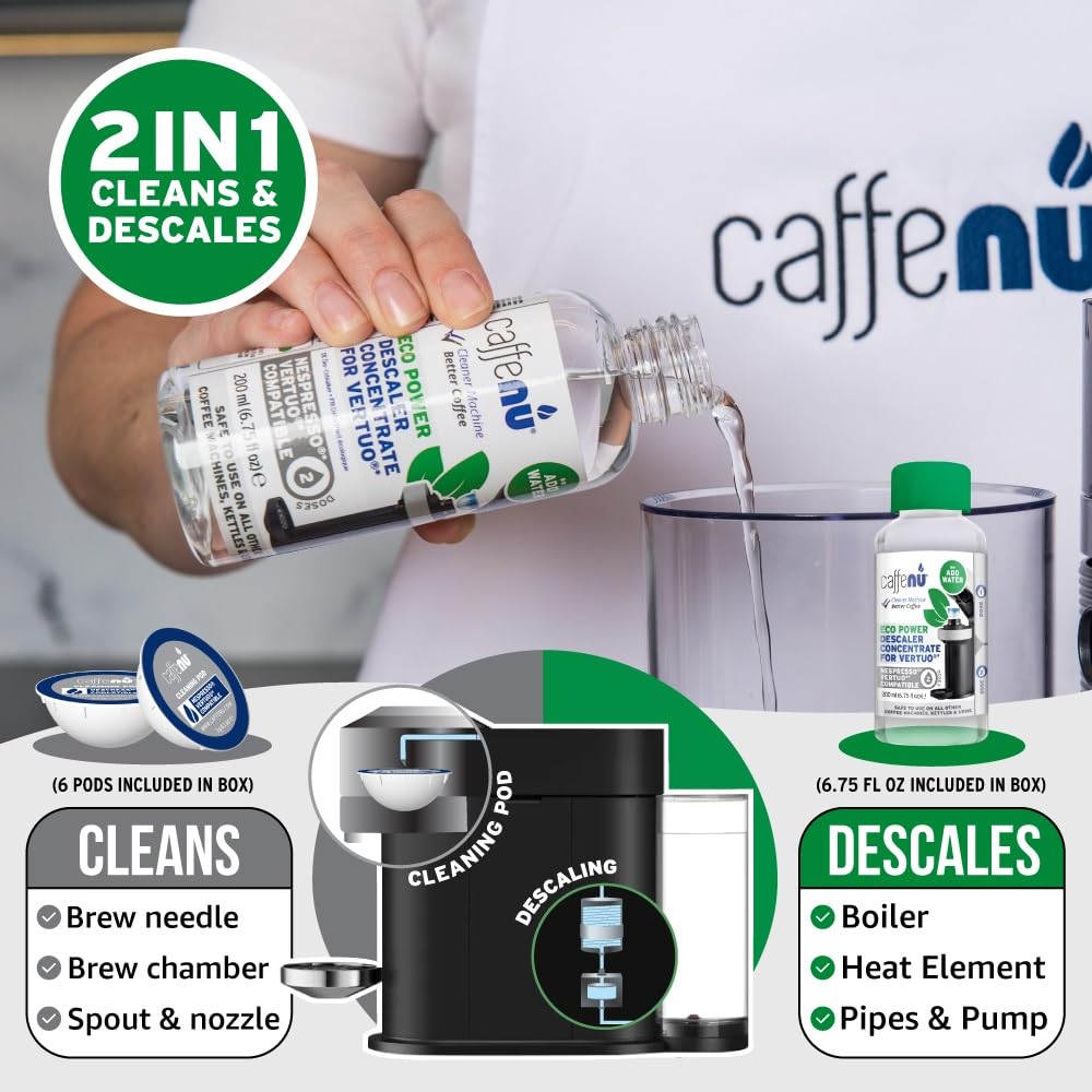 Nespresso Compatible Descaling Kit. 2 Uses Nespresso Vertuo Descaling Solution and 6 Cleaner Pods. Removes Limescale & Cleans Pod Area. Better Tasting & Hotter Coffee. 4 Months Supply.