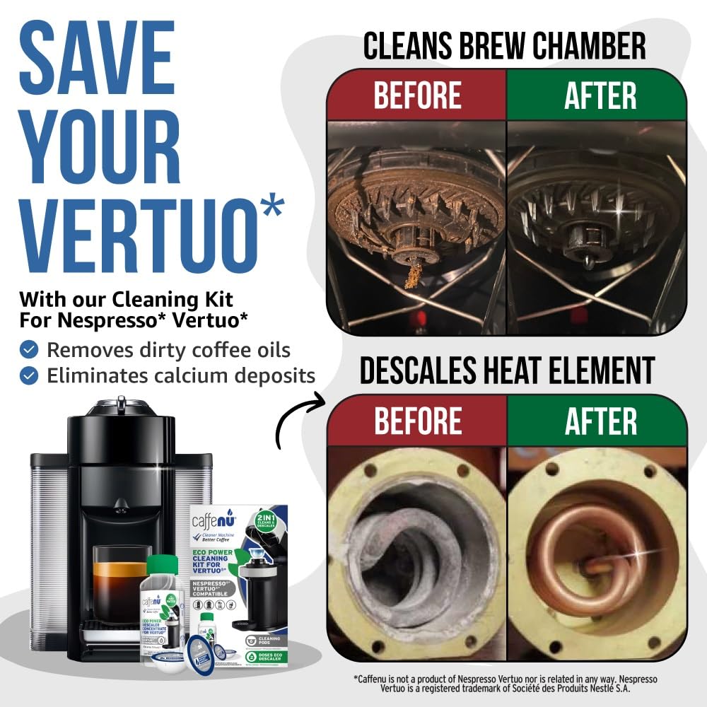 Nespresso Compatible Descaling Kit. 2 Uses Nespresso Vertuo Descaling Solution and 6 Cleaner Pods. Removes Limescale & Cleans Pod Area. Better Tasting & Hotter Coffee. 4 Months Supply.