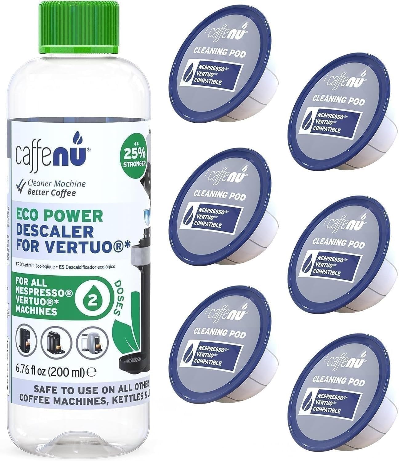 Nespresso Compatible Descaling Kit. 2 Uses Nespresso Vertuo Descaling Solution and 6 Cleaner Pods. Removes Limescale & Cleans Pod Area. Better Tasting & Hotter Coffee. 4 Months Supply.