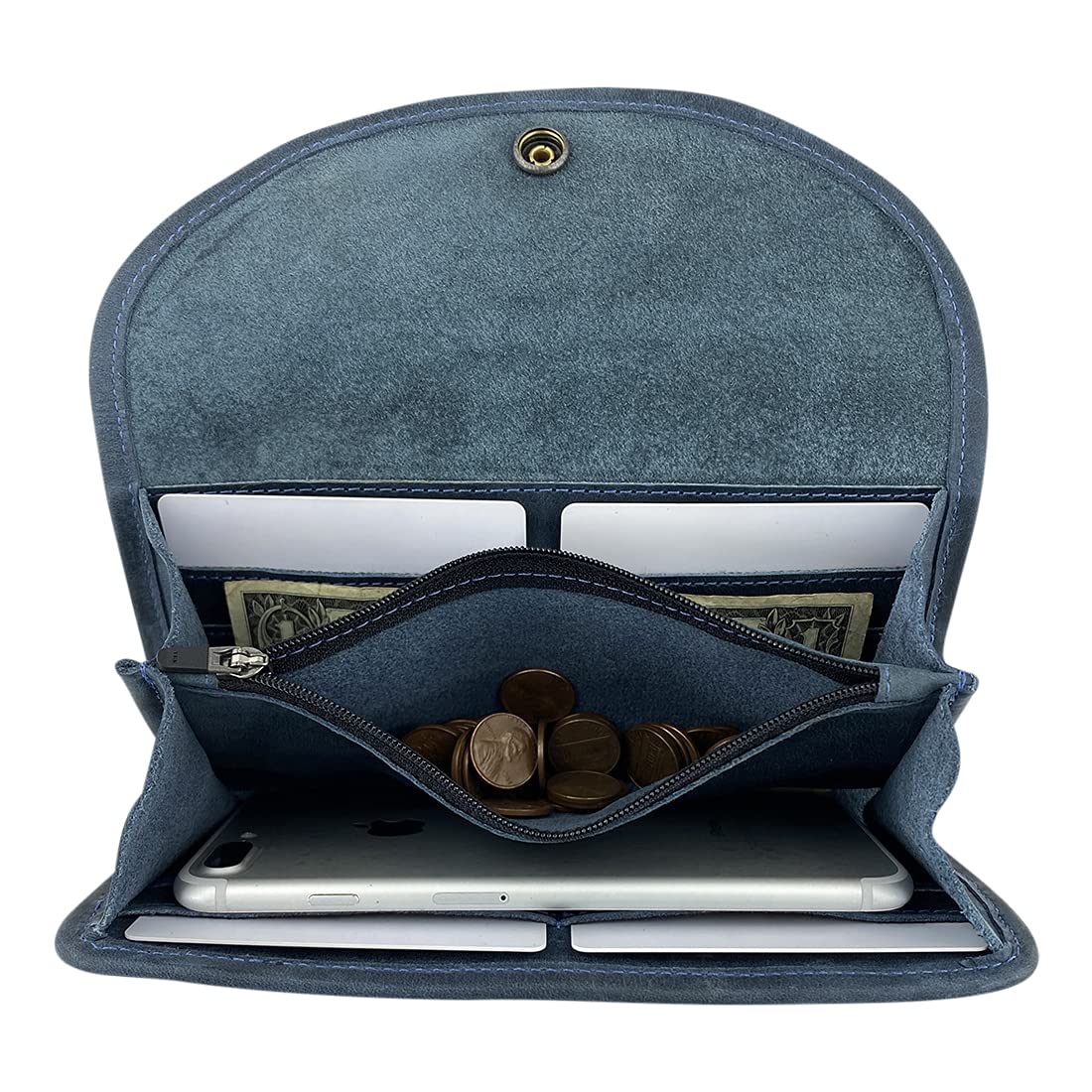 Hide & Drink, Full Grain Leather Snap Clutch Wallet for Women, Money Holder and Card Organizer with Zippered Pouch, Handmade, Slate Blue
