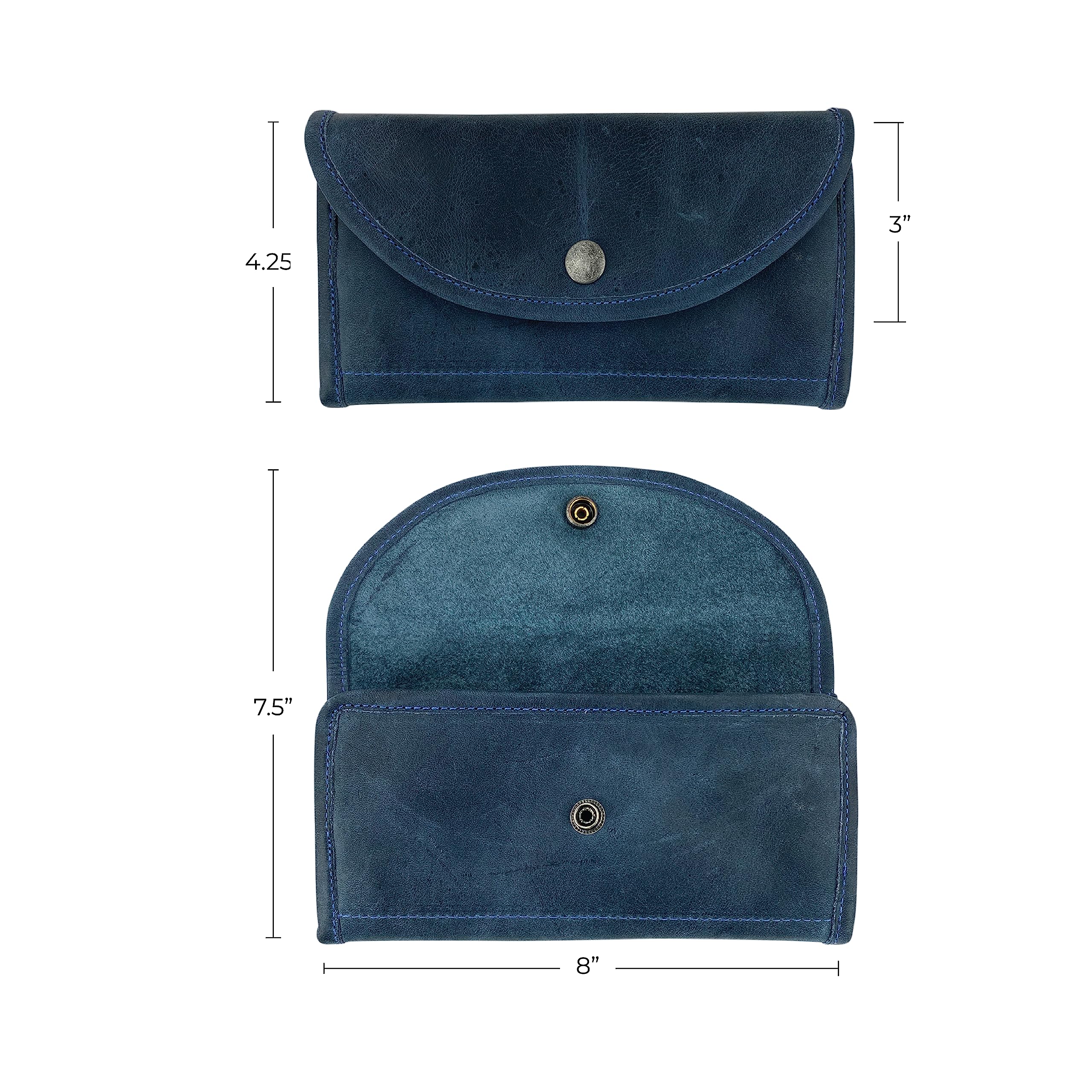 Hide & Drink, Full Grain Leather Snap Clutch Wallet for Women, Money Holder and Card Organizer with Zippered Pouch, Handmade, Slate Blue