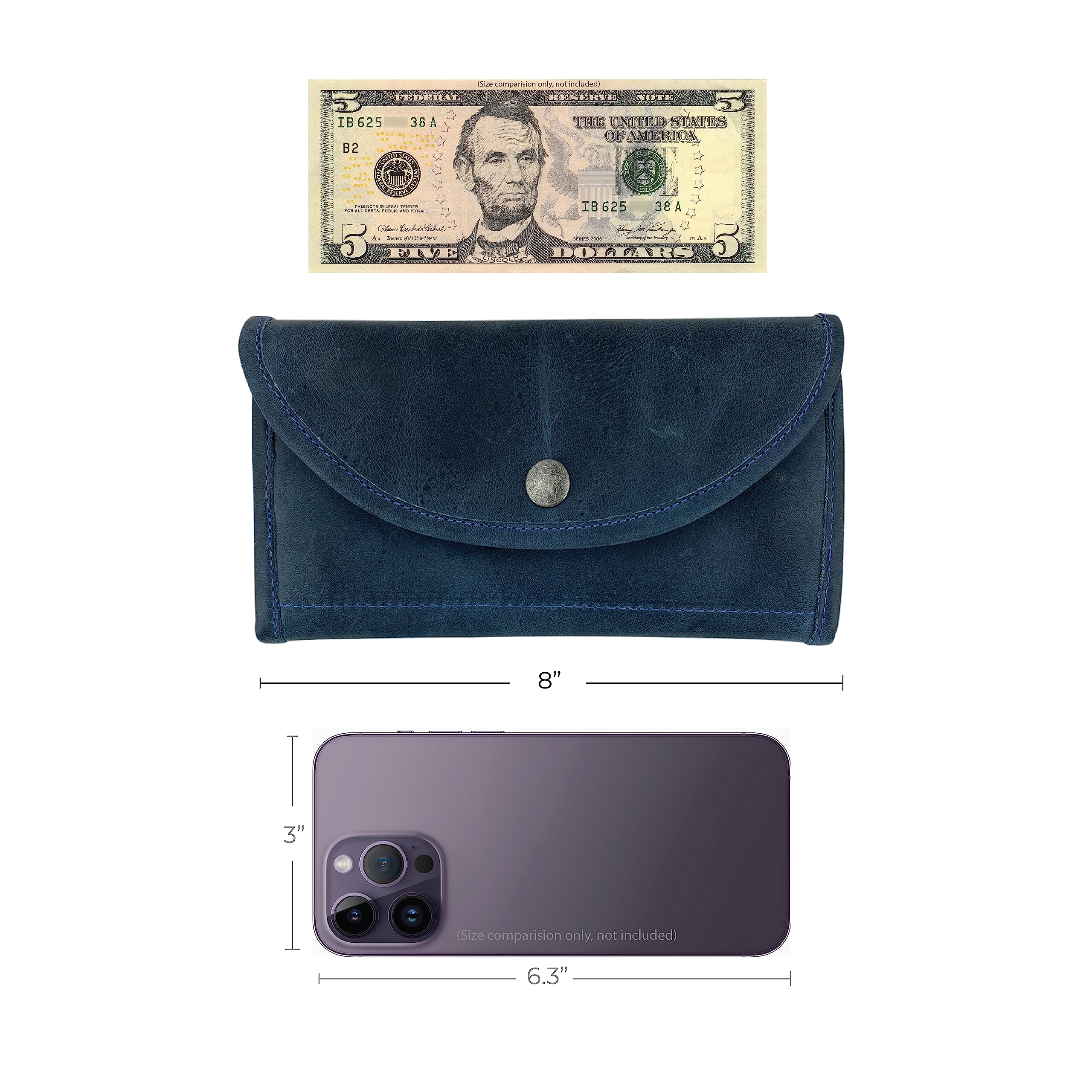Hide & Drink, Full Grain Leather Snap Clutch Wallet for Women, Money Holder and Card Organizer with Zippered Pouch, Handmade, Slate Blue