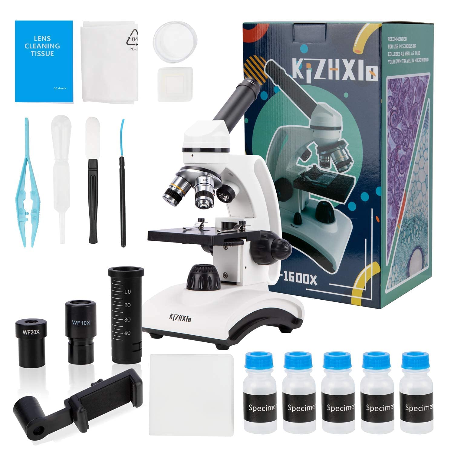 KiZHXlo Monocular Microscope 40X-1600X Magnification with Barlow Lens for Students Adults, Dual LED Illumination, with Science Kits Beginners Microscope Includes Phone Adapter
