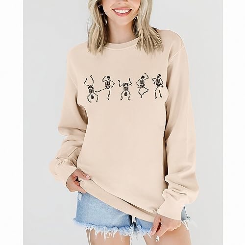 SOFEON Women Halloween Dancing Skeleton Sweatshirt Horror Skull Graphic Crewneck Sweatshirt Spooky Season Pullover Tops(Beige,X-Large)
