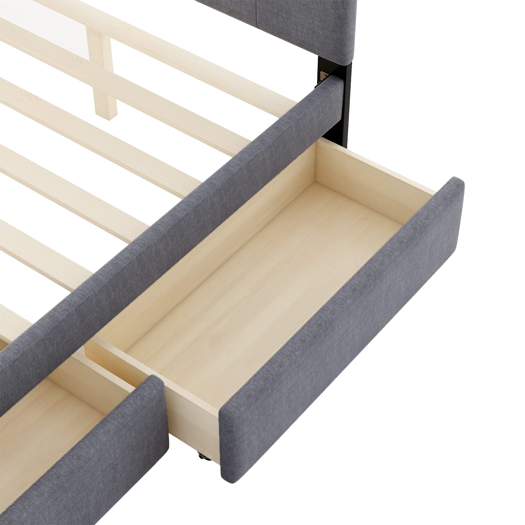 RUNWON Queen Size Linen Upholstered Platform Bed Frame with Headboard and Two Drawers for Bedroom, Grey