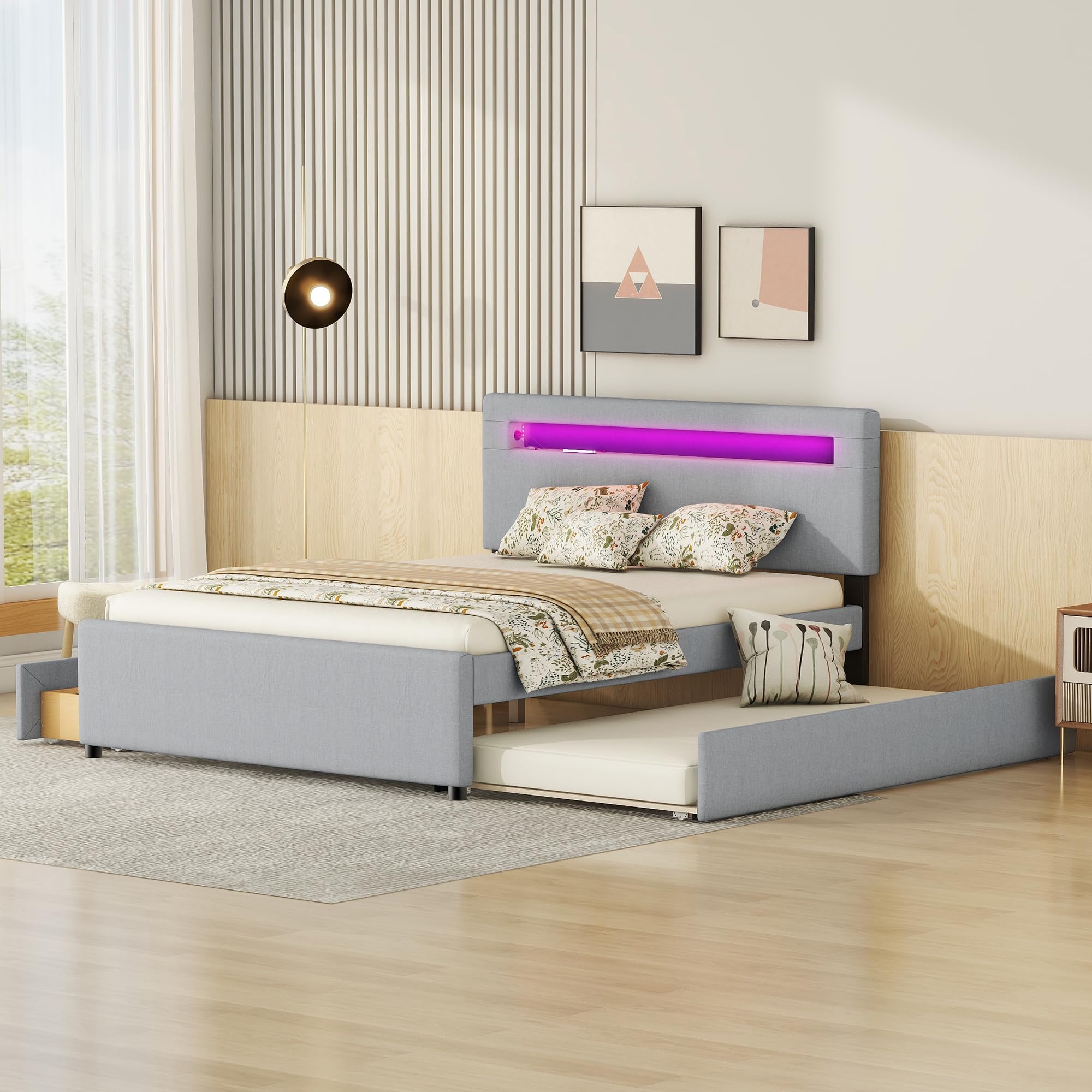FANYHOME Queen Size Upholstered Platform Bed with 2 Storage Drawers and Twin Trundle, LED Lights and USB Charging, Linen Queen Bed Frame with Headboard and Wood Slat Support, Gray