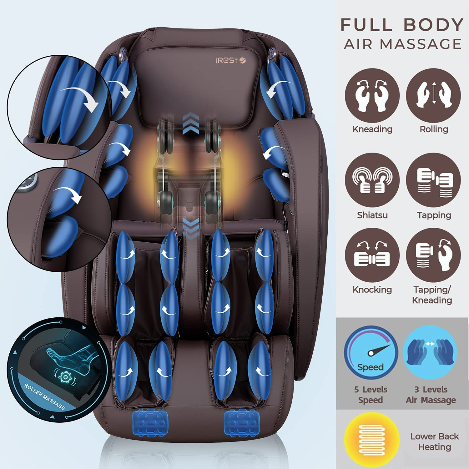 iRest MYTHIA SL Track A303 Massage Chair Recliner, Full Body Massage Chair with Zero Gravity, Airbags, Heating, and Foot Massage (Brown)