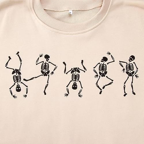 SOFEON Women Halloween Dancing Skeleton Sweatshirt Horror Skull Graphic Crewneck Sweatshirt Spooky Season Pullover Tops(Beige,X-Large)