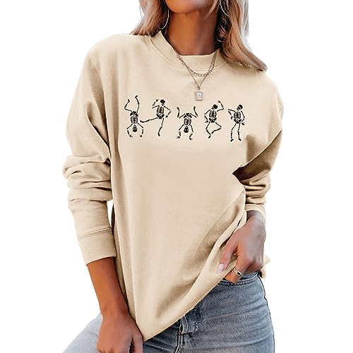 SOFEON Women Halloween Dancing Skeleton Sweatshirt Horror Skull Graphic Crewneck Sweatshirt Spooky Season Pullover Tops(Beige,X-Large)