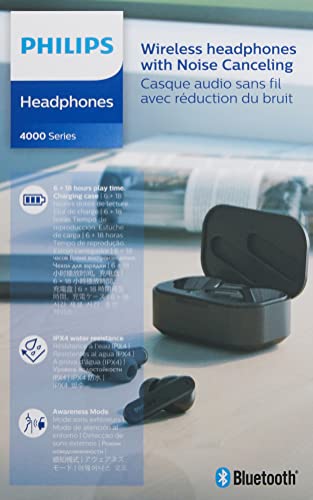 Philips T4506 True Wireless Headphones with Active Noise Canceling (ANC), Up to 24 Hours Playtime, Bluetooth, Awareness Mode, IPX4 Water Resistant, USB-C Charging Case, TAT4506BK, Black