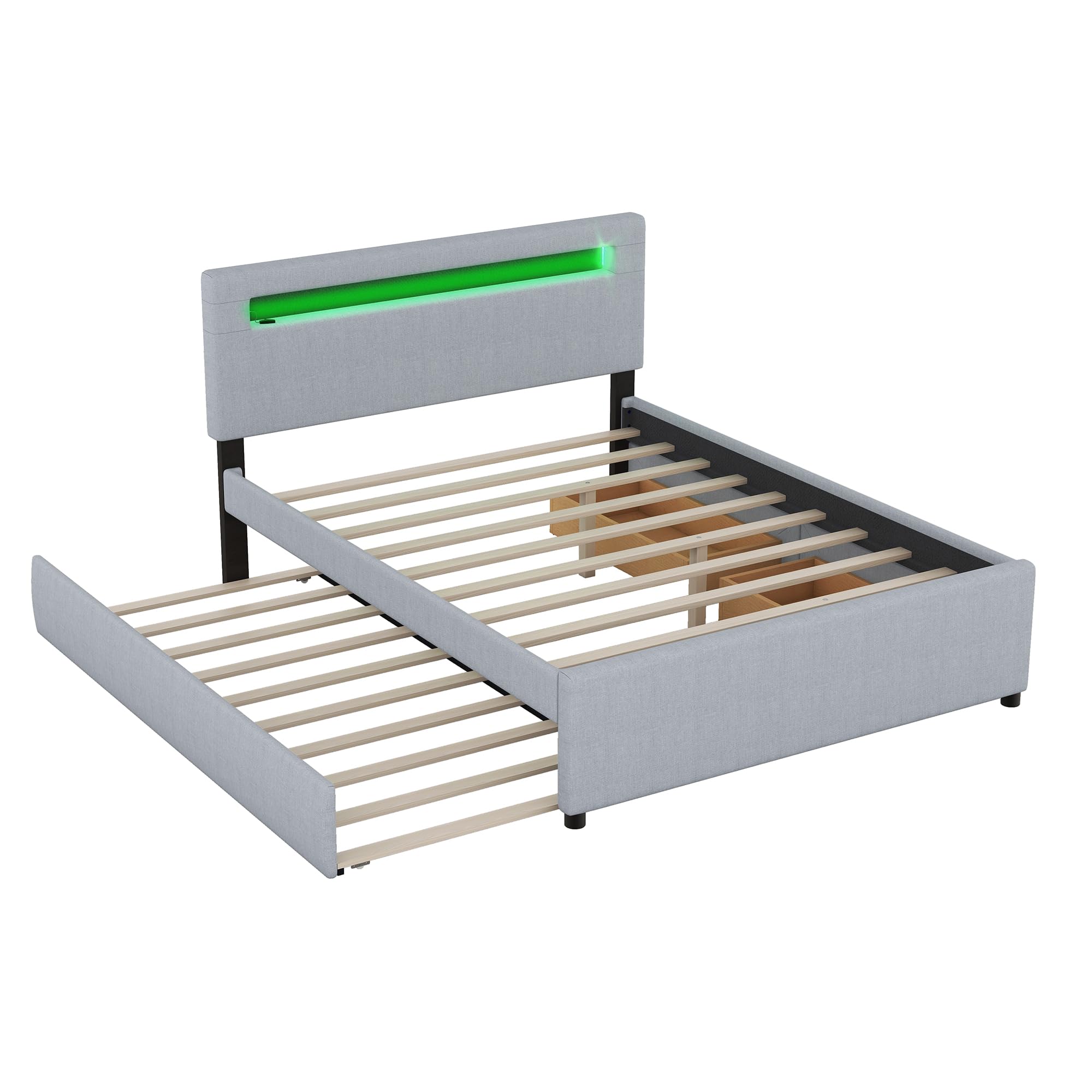 FANYHOME Queen Size Upholstered Platform Bed with 2 Storage Drawers and Twin Trundle, LED Lights and USB Charging, Linen Queen Bed Frame with Headboard and Wood Slat Support, Gray