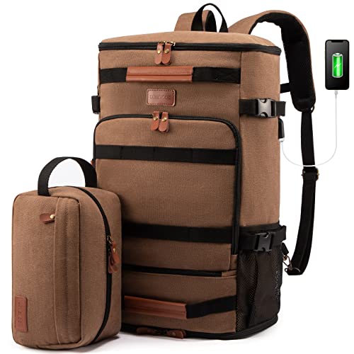 LOVEVOOK Travel Backpack,Vintage Canvas Rucksack Convertible Duffel Bag with Shoe Compartment for Men Women, 40L Carry On Backpack For Outdoor Camping Hiking Fits 17.3 Inch Laptop, Brown