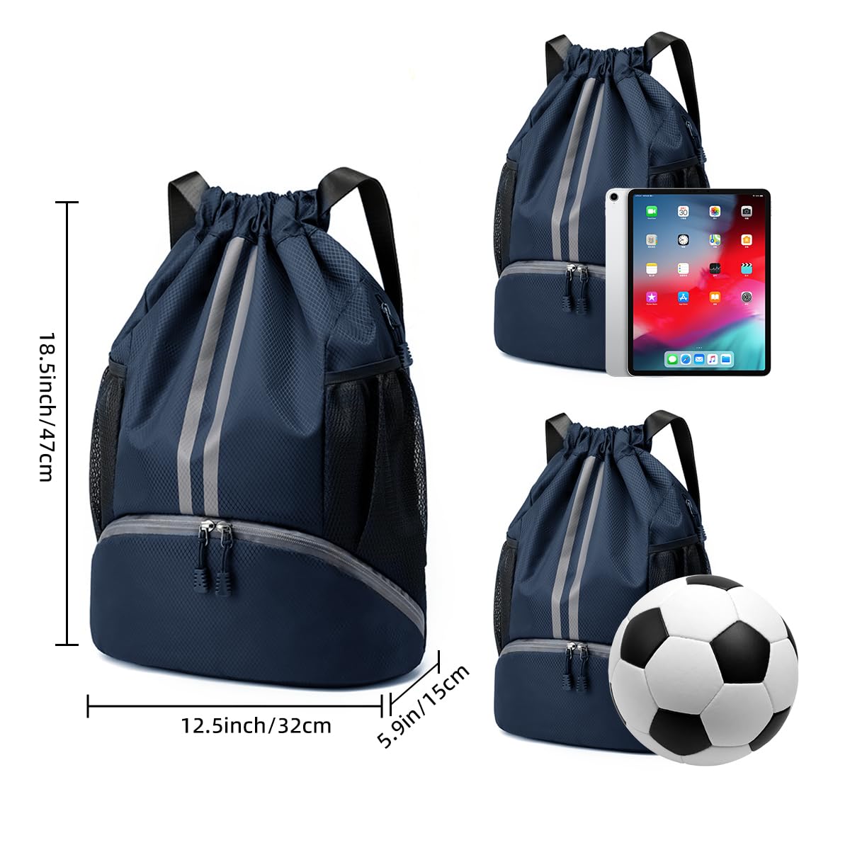 Valleycomfy Sports Drawstring Backpack - Water Resistant String Bag with Side Mesh Pockets Shoe Compartment Gym Backpack for Women & Men Navy Blue
