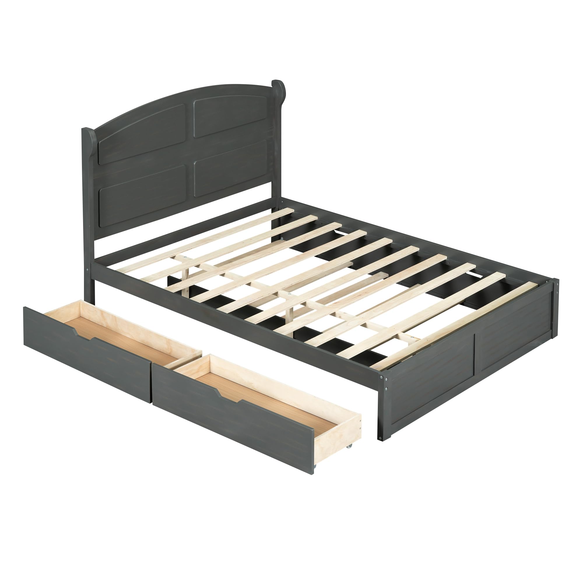 BOVZA Queen Size Platform Bed Frame with Headboard, Twin Size Trundle and 2 Drawers, Antique Gray