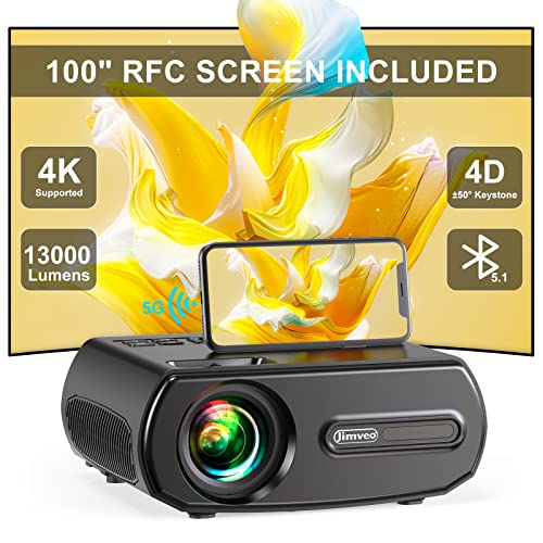 Jimveo Projector 5G WiFi Bluetooth,13000L 420 ANSI Native 1080P Outdoor Projector 4K &4D Keystone&50% Zoom Support,Sealed Mini Portable Movie LED/Home Projectors for Phone/TV Stick/PC[Screen Included]