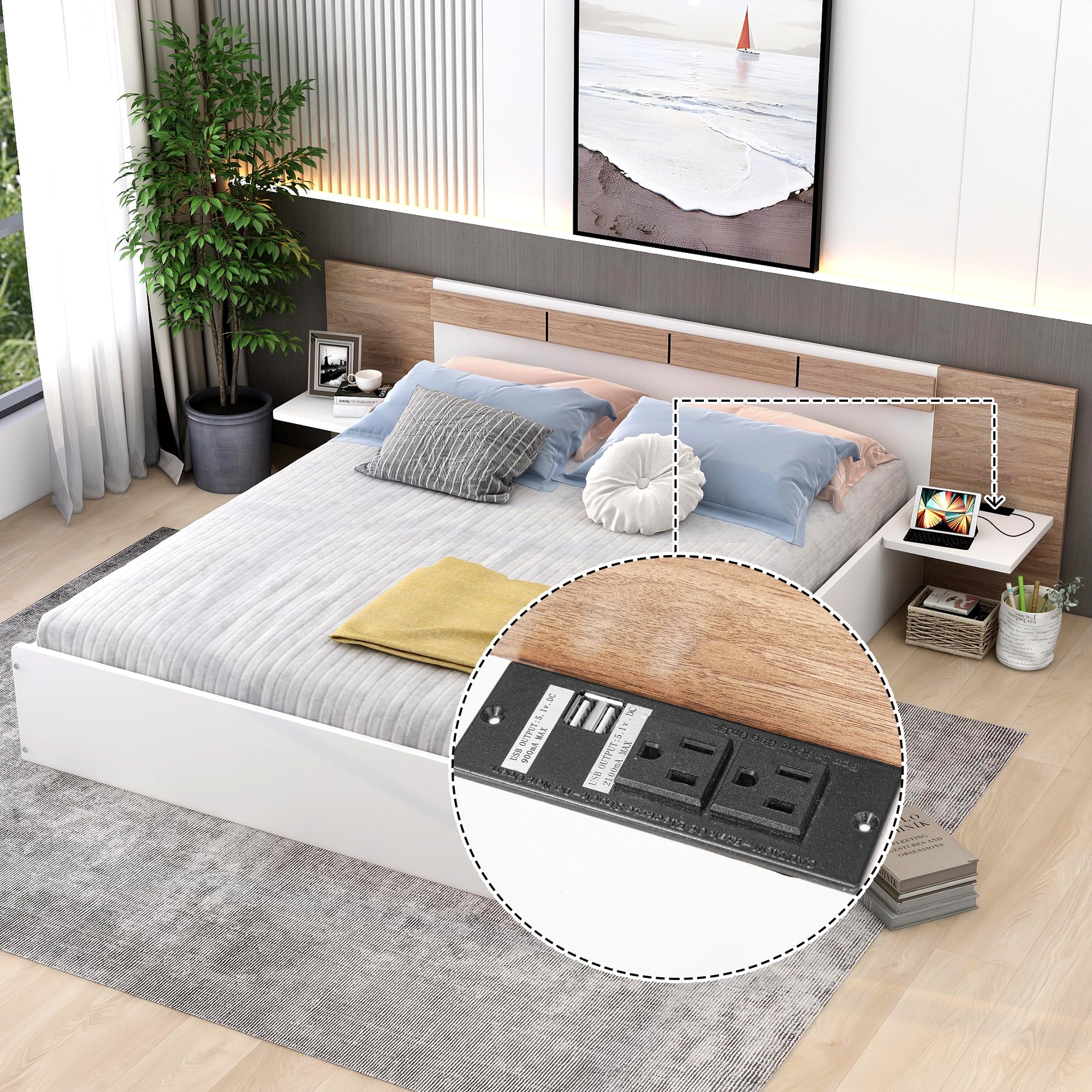TURRIDU Queen Bed Frame with Storage, Bed Frame Queen Size with 2 Side Shelves, Outlets and USB Ports, Queen Size Platform Bed Frame with Wood Slats Support for Bedroom, Guest Room,White